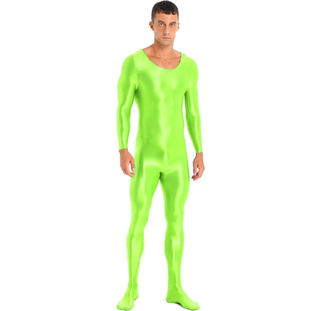 YONGHS Men's Shiny Glossy Long Sleeve Unitard Full Bodysuit Leotard ...