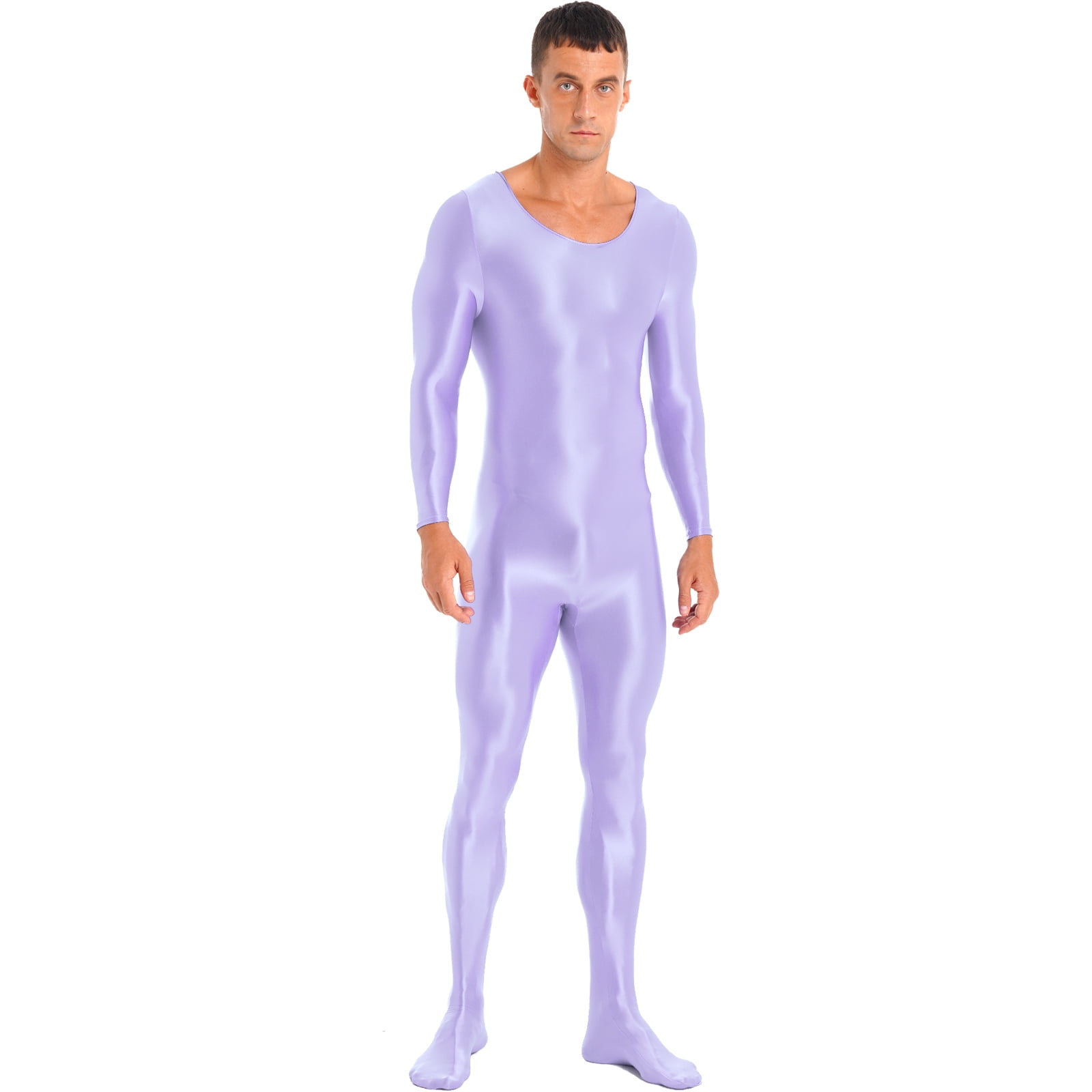 YONGHS Men's Shiny Glossy Long Sleeve Unitard Full Bodysuit Leotard ...