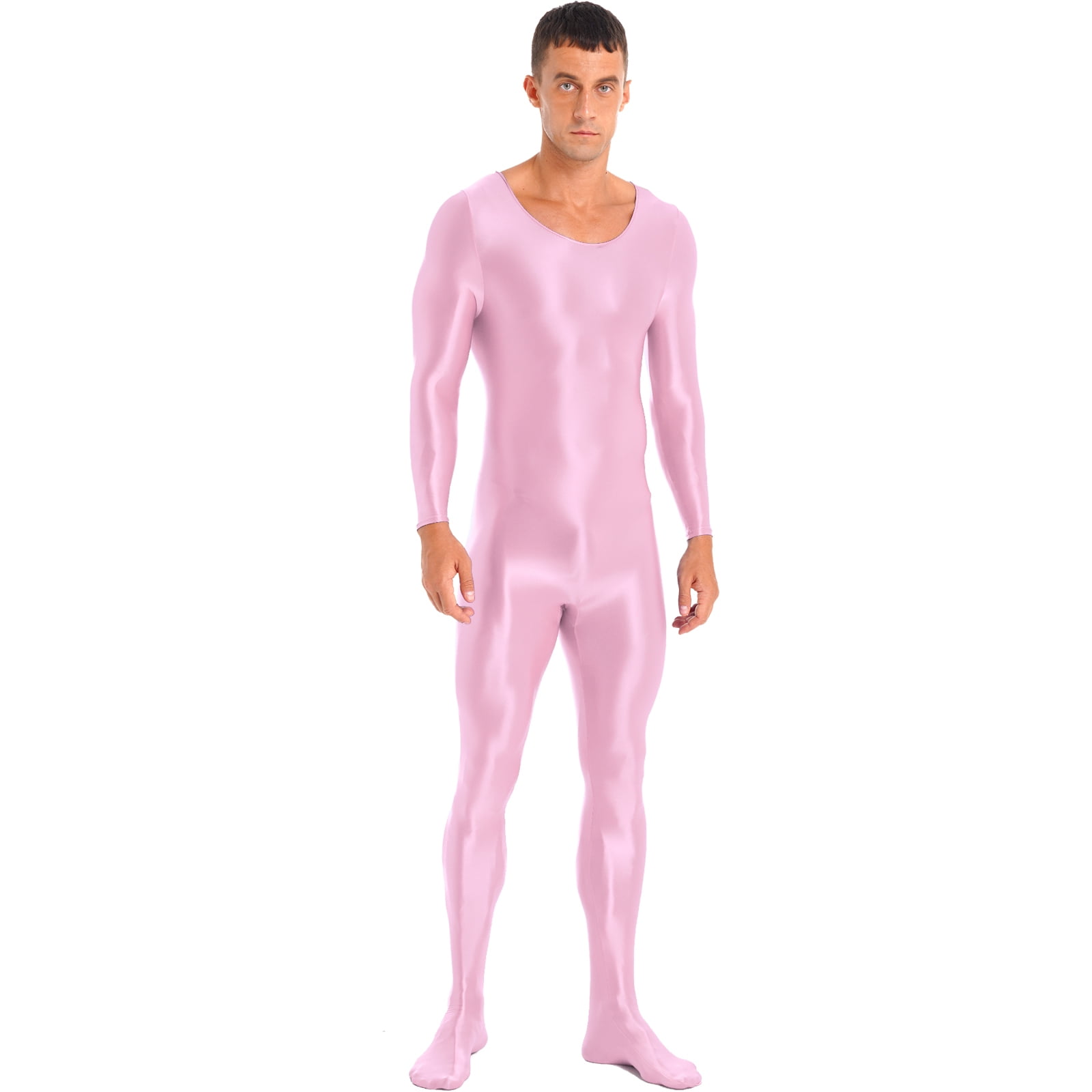 YONGHS Men's Shiny Glossy Long Sleeve Unitard Full Bodysuit Leotard ...