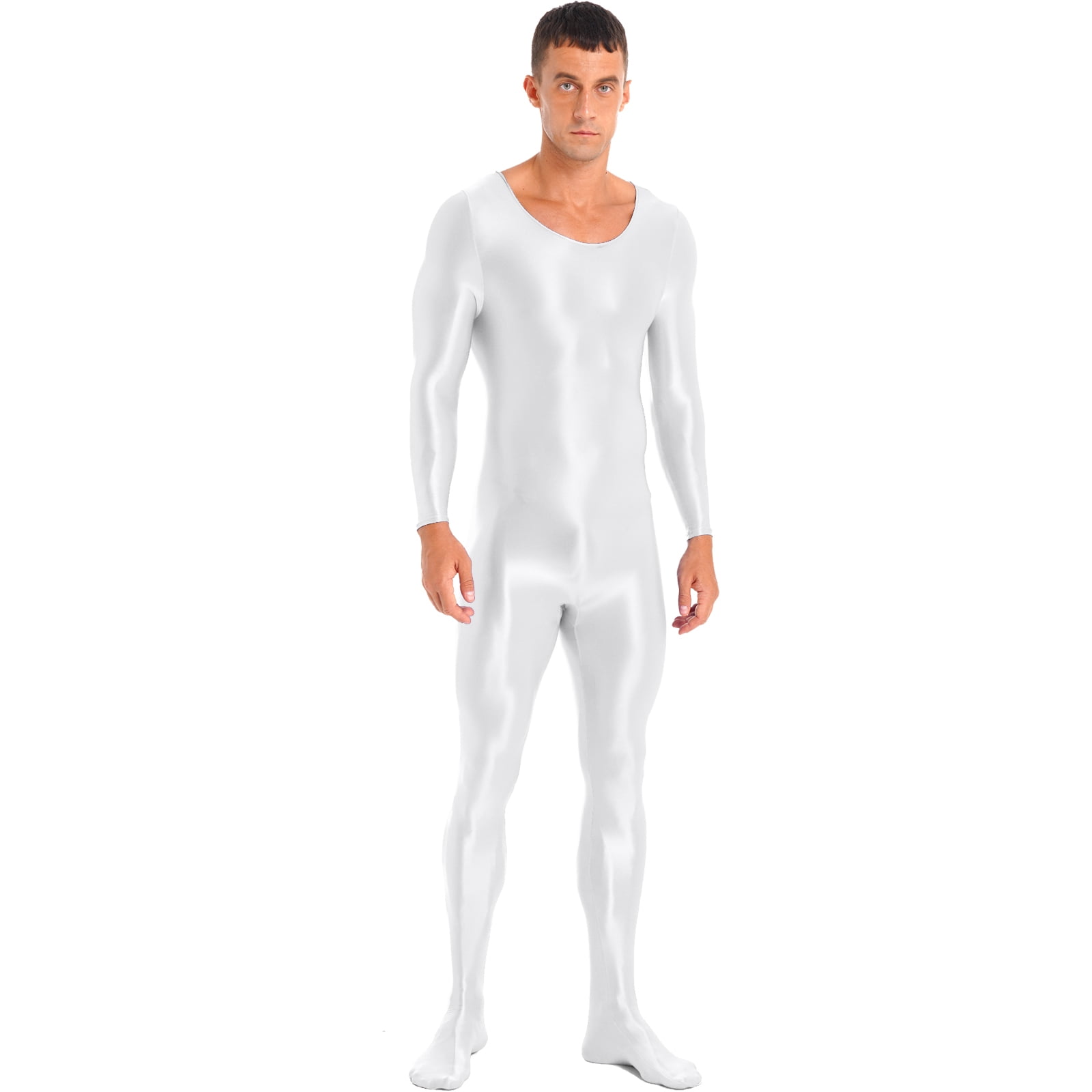 YONGHS Men's Shiny Glossy Long Sleeve Unitard Full Bodysuit Leotard ...