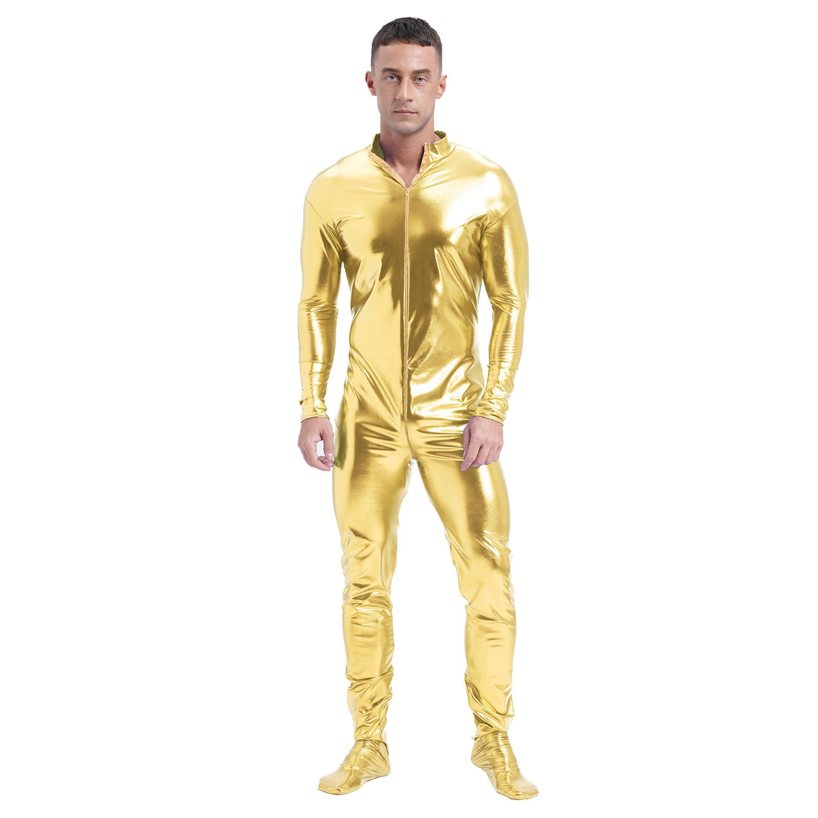 YONGHS Men’s Shiny Metallic Unitard Holographic One-Piece Bodysuits Wet ...