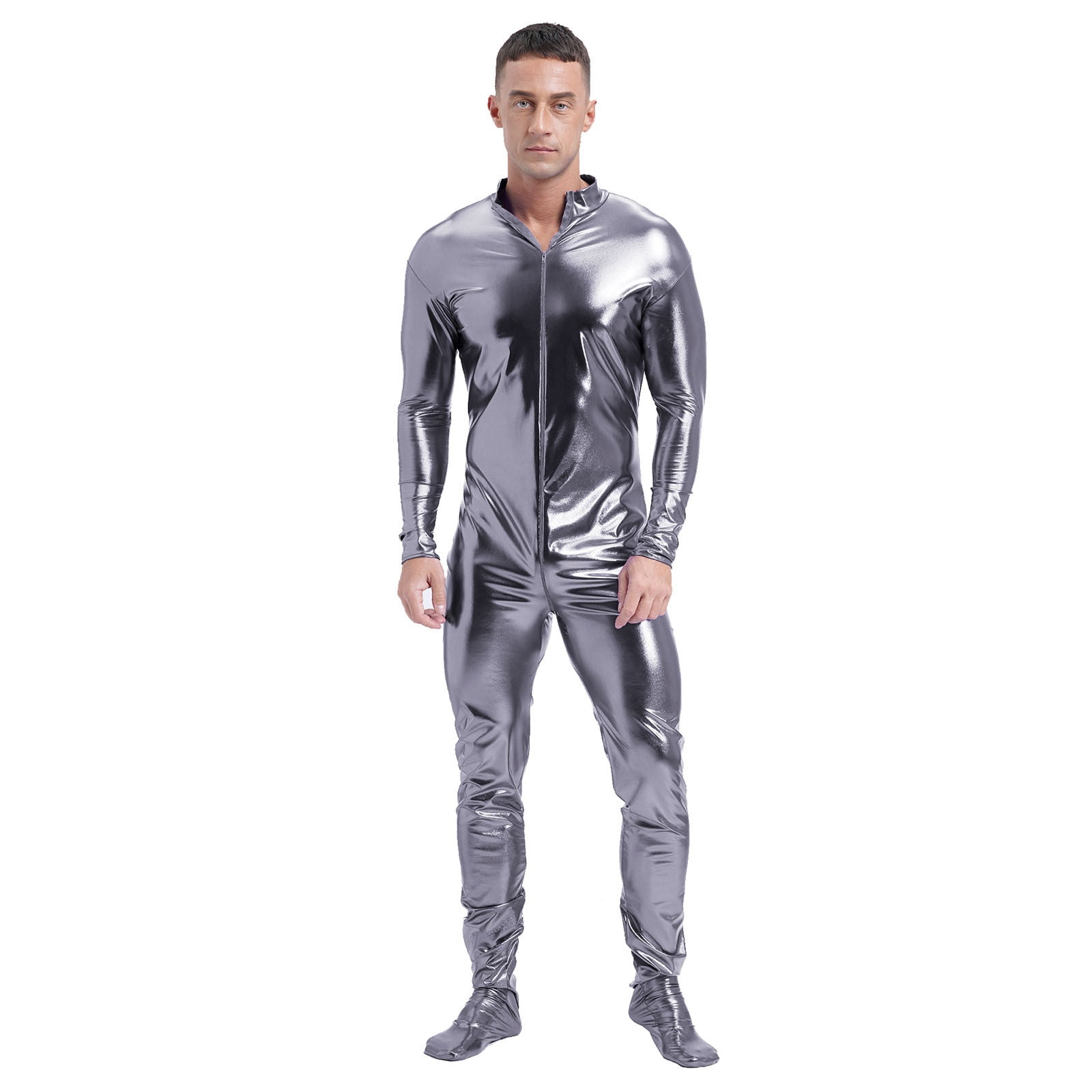 YONGHS Men’s Shiny Metallic Unitard Holographic One-Piece Bodysuits Wet ...