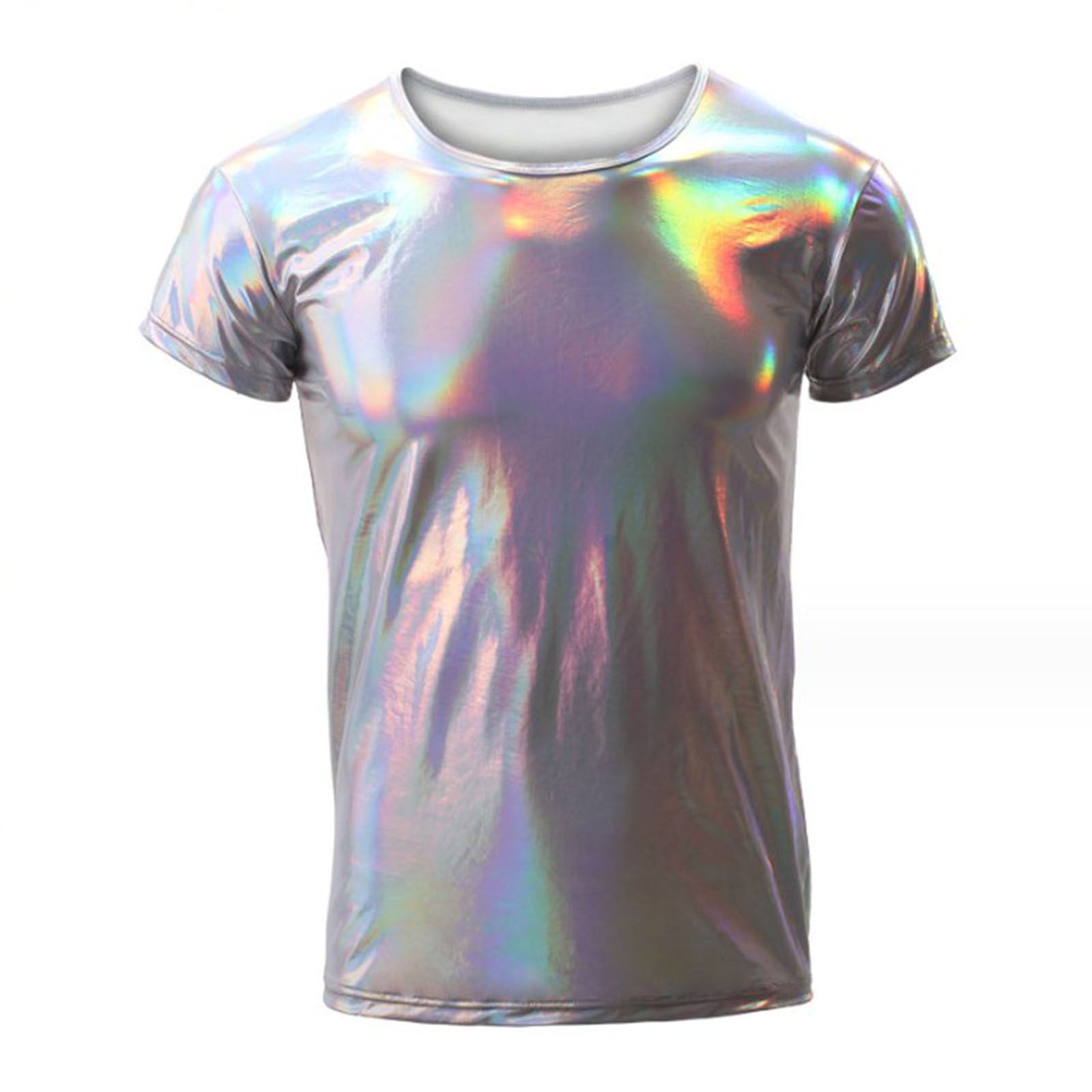 YONGHS Mens Metallic Shiny Short Sleeve T-shirt Music Festival Rave Disco Party Club Tee Tops ...