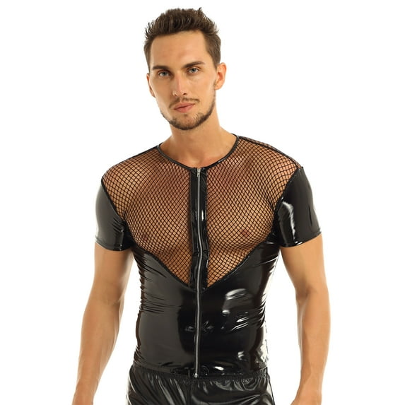 YONGHS Mens Patent Leather Short Sleeve Tops Fishnet See Through Zipper ...