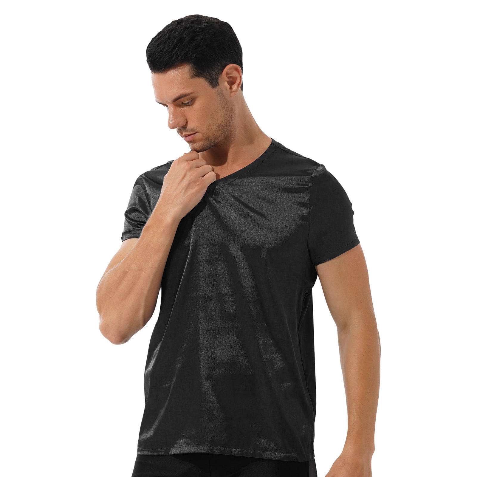 YONGHS Mens Satin Sleep Shirt Pajamas Short Sleeve Silk V-neck Casual T ...