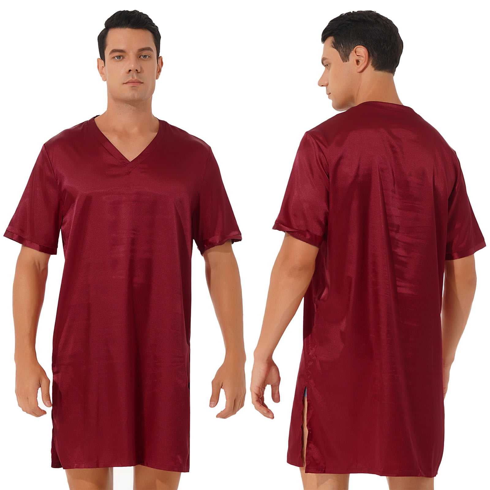 YONGHS Mens Silk Satin Nightshirt Sleepwear Short Sleeve Pajamas ...