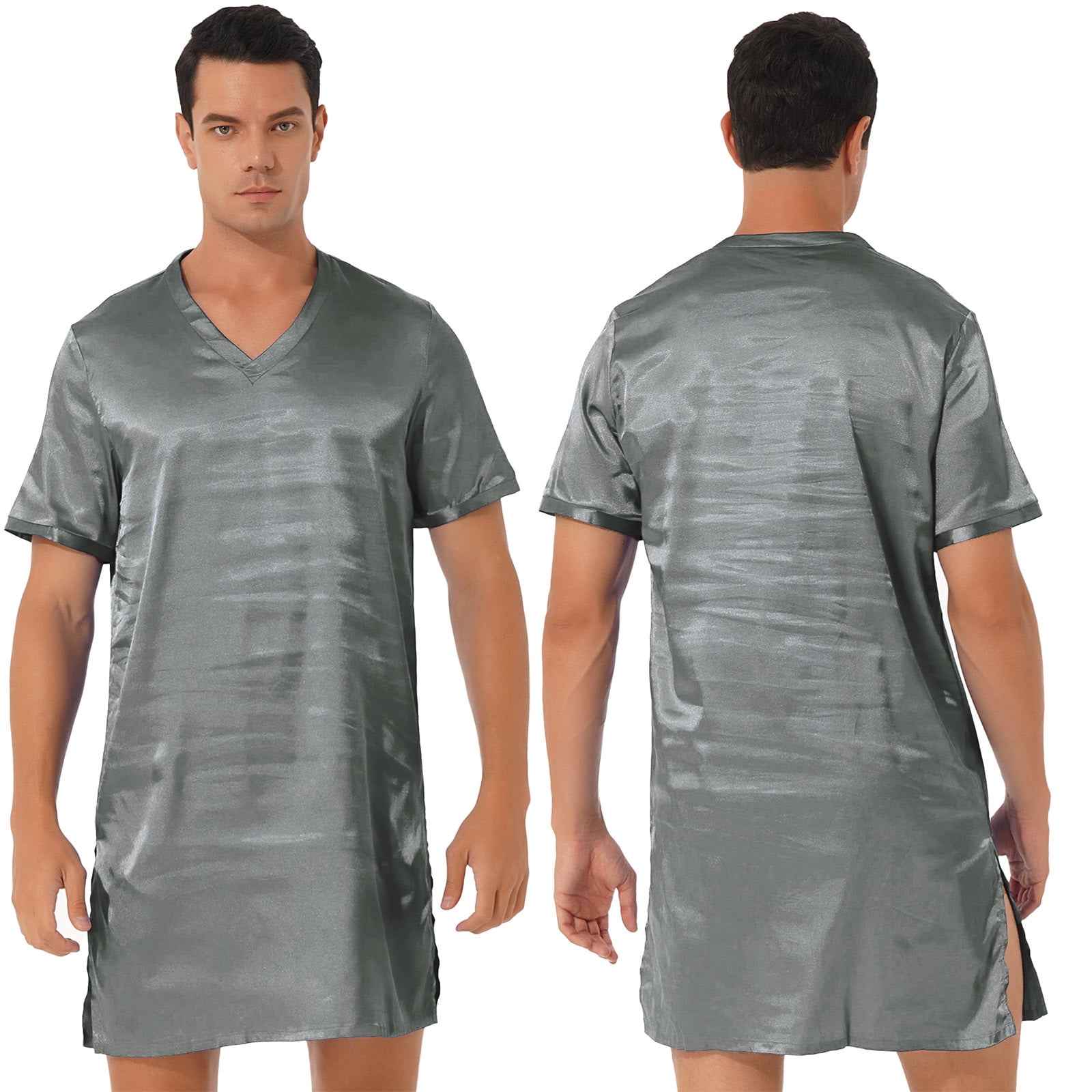 YONGHS Mens Silk Satin Nightshirt Sleepwear Short Sleeve Pajamas ...