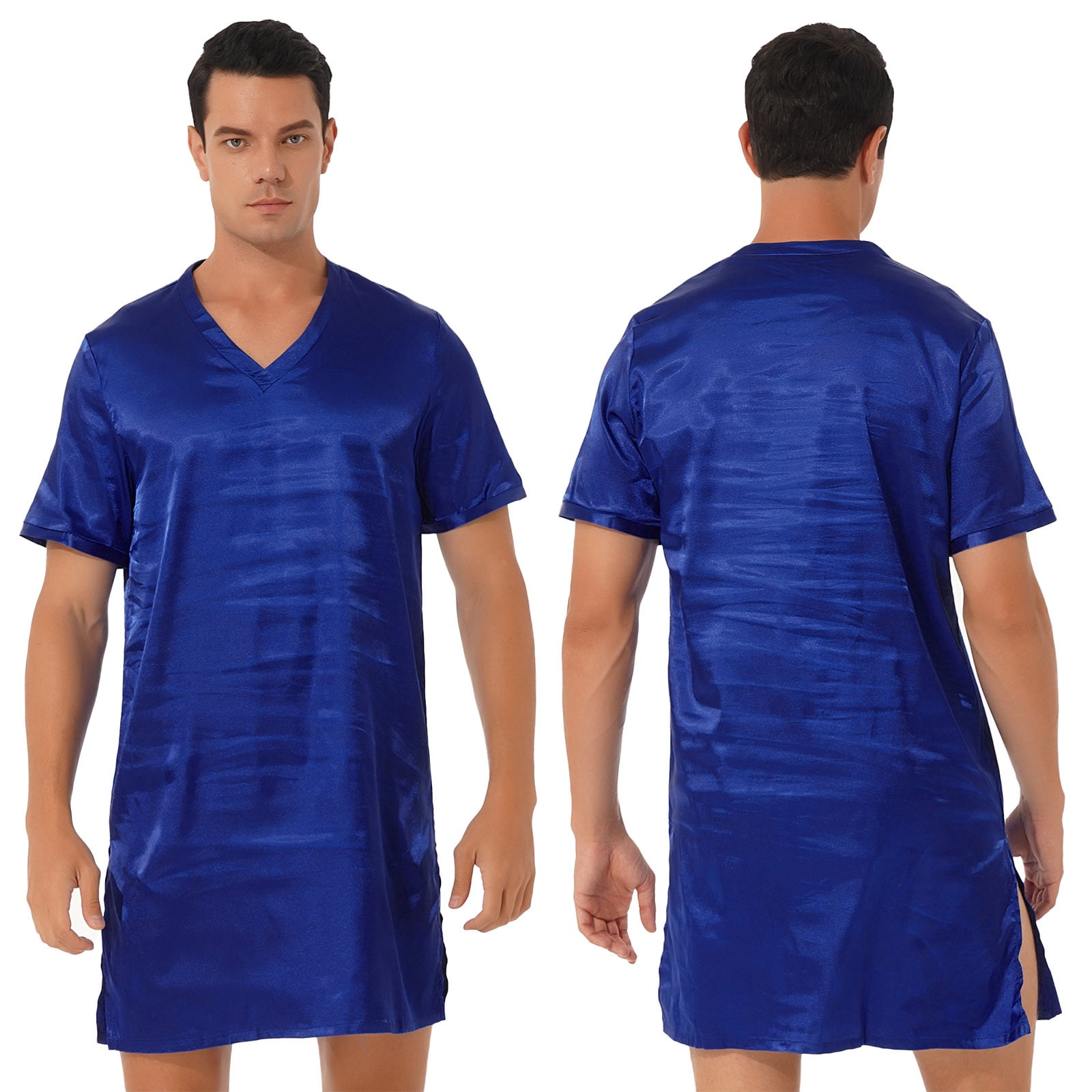 YONGHS Mens Silk Satin Nightshirt Sleepwear Short Sleeve Pajamas ...