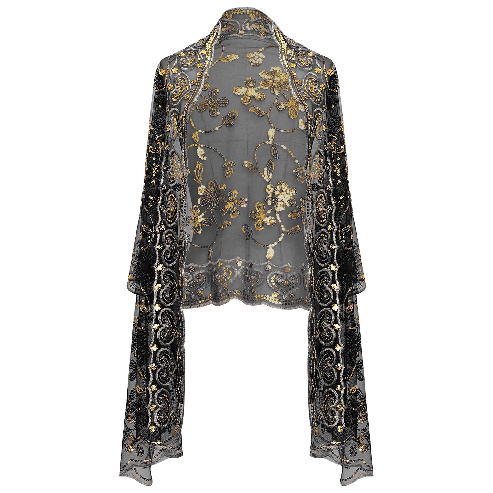 YONGHS Sequins Floral Embroidery Sheer Shawl Wraps Shoulder Shrug Cape ...