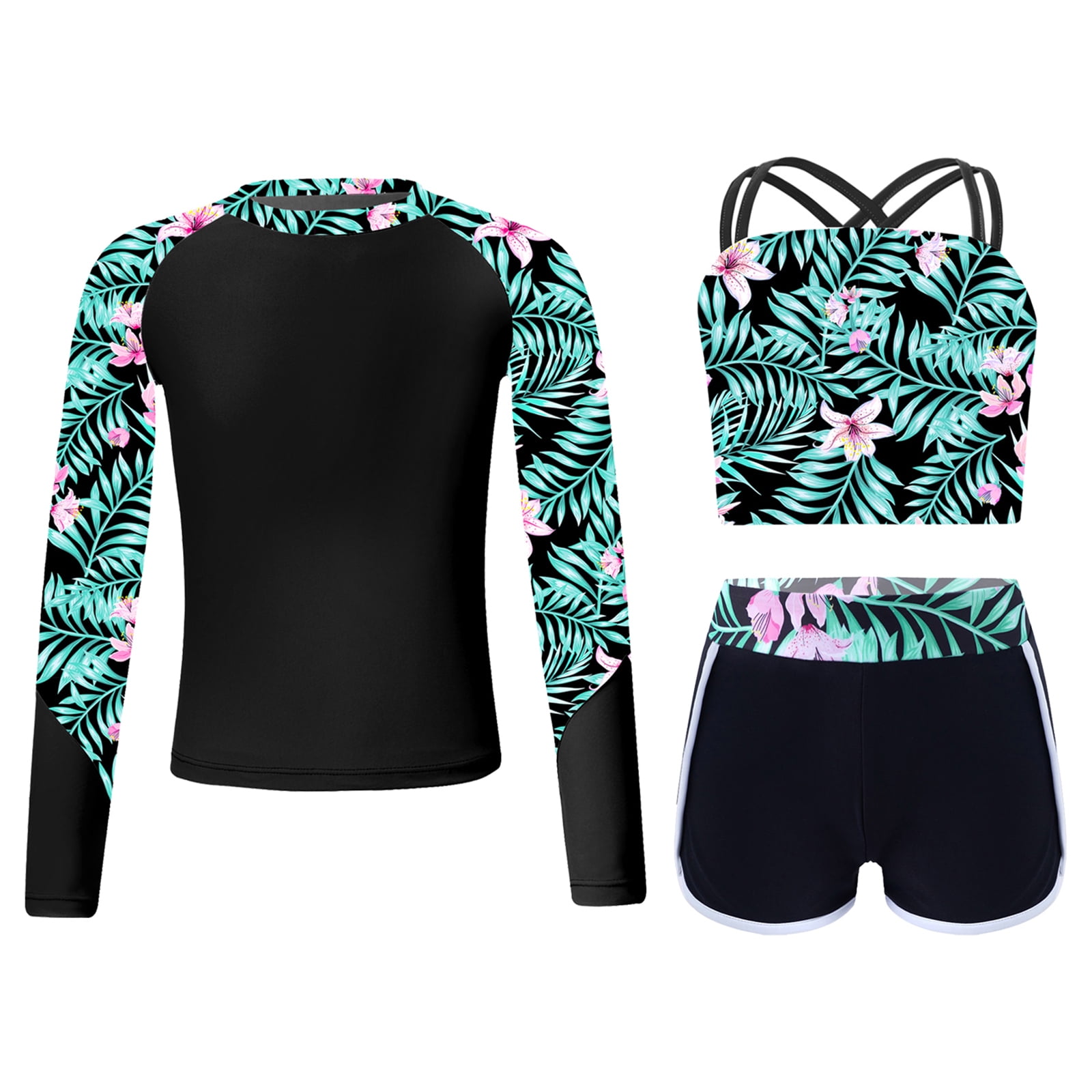 YONGHS Girl's Tankini Swimsuit Set, Long Sleeve, UPF 50+, Polyester ...