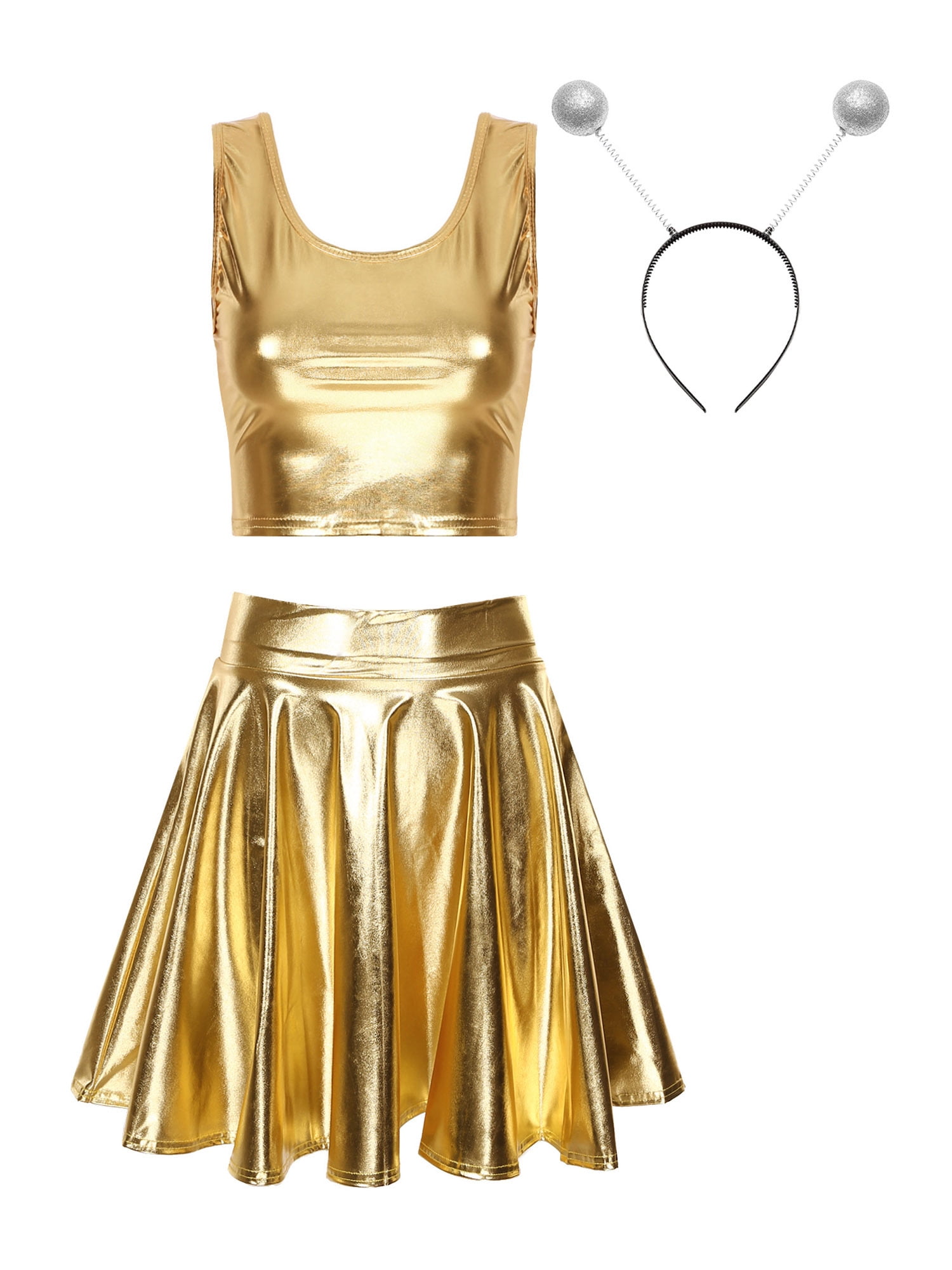 YONGHS Women Alien Costume Metallic Crop Tank Top Pleated Skirt with ...