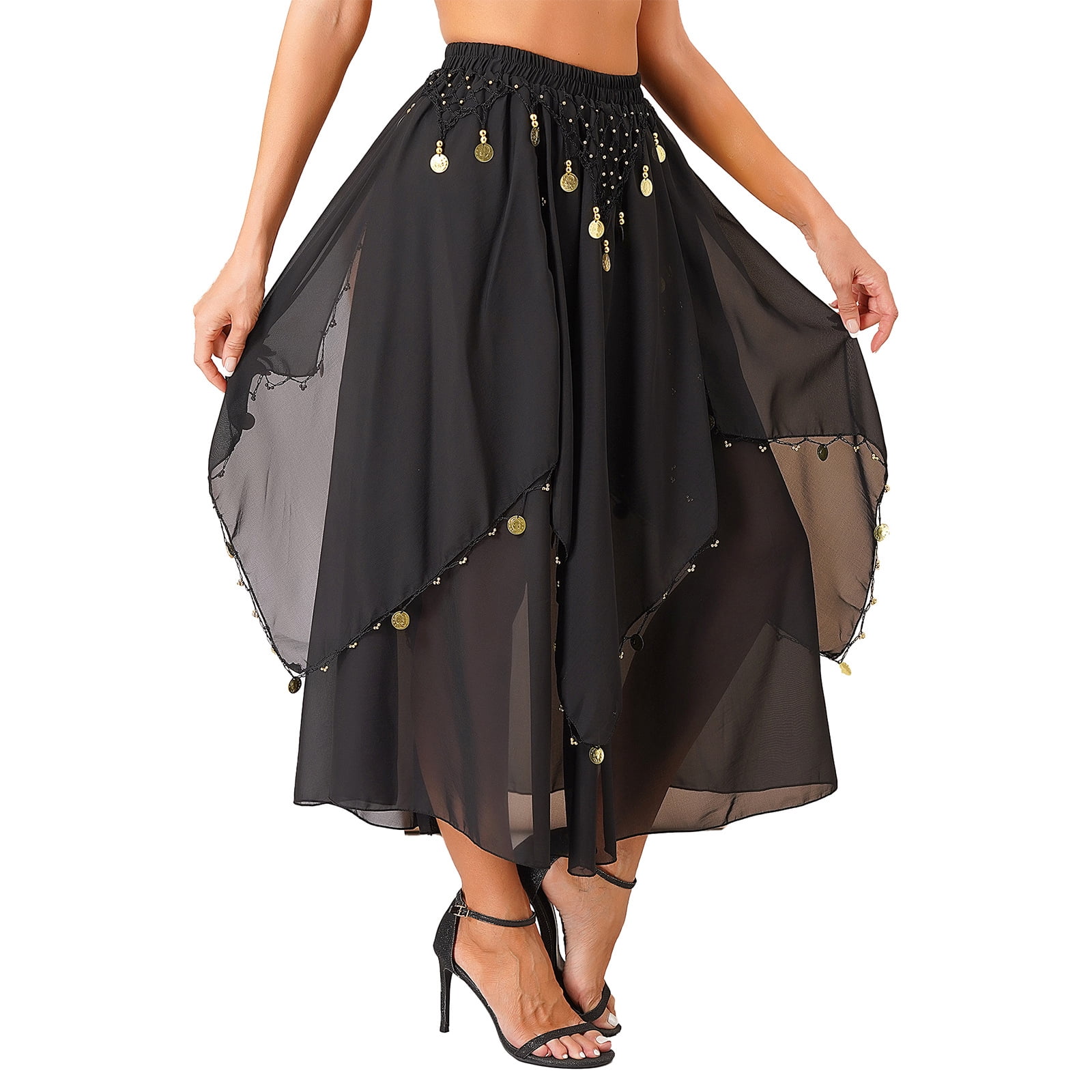 YONGHS Women Asymmetric Sequins Beads Chiffon Belly Dance Skirt Tribal ...