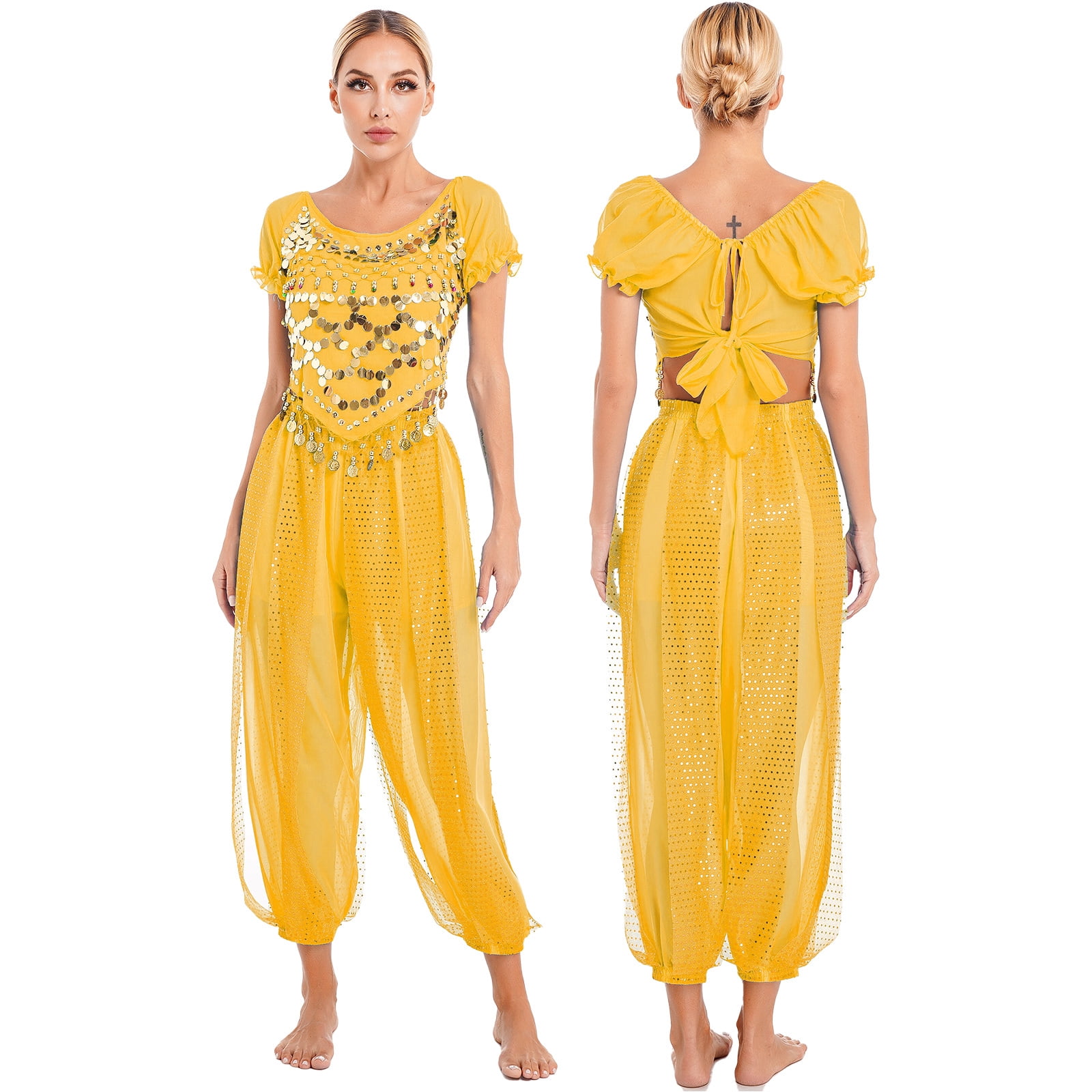 YONGHS Women Belly Dance Outfit Sequin Puff Sleeve Sequines Top Lantern ...