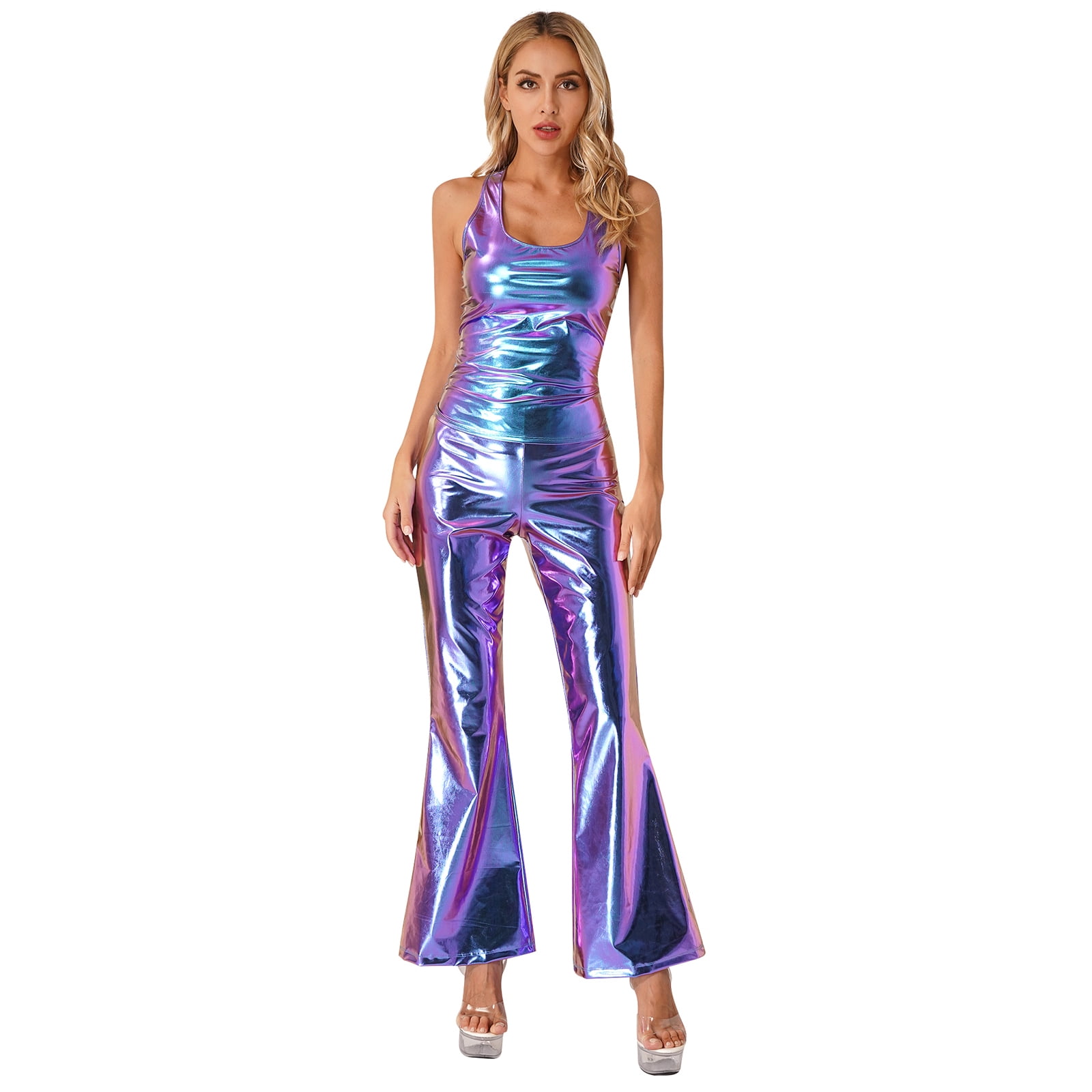 YONGHS Women Disco Diva Costume 70s Shiny Metallic Crop Top with Flared ...