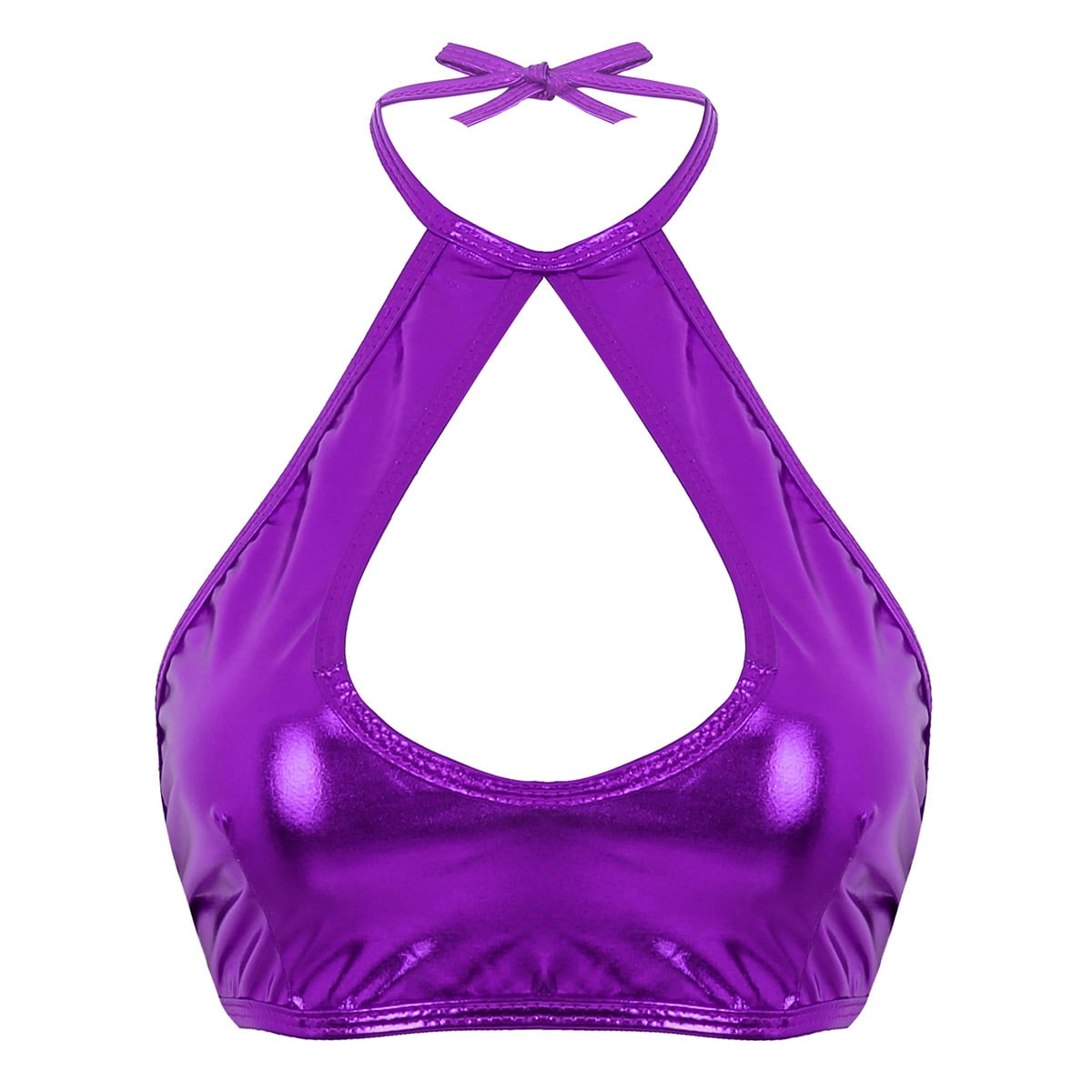 YONGHS Women Halter Shiny Metallic Crop Top Lingerie Cut Out Bikini ...