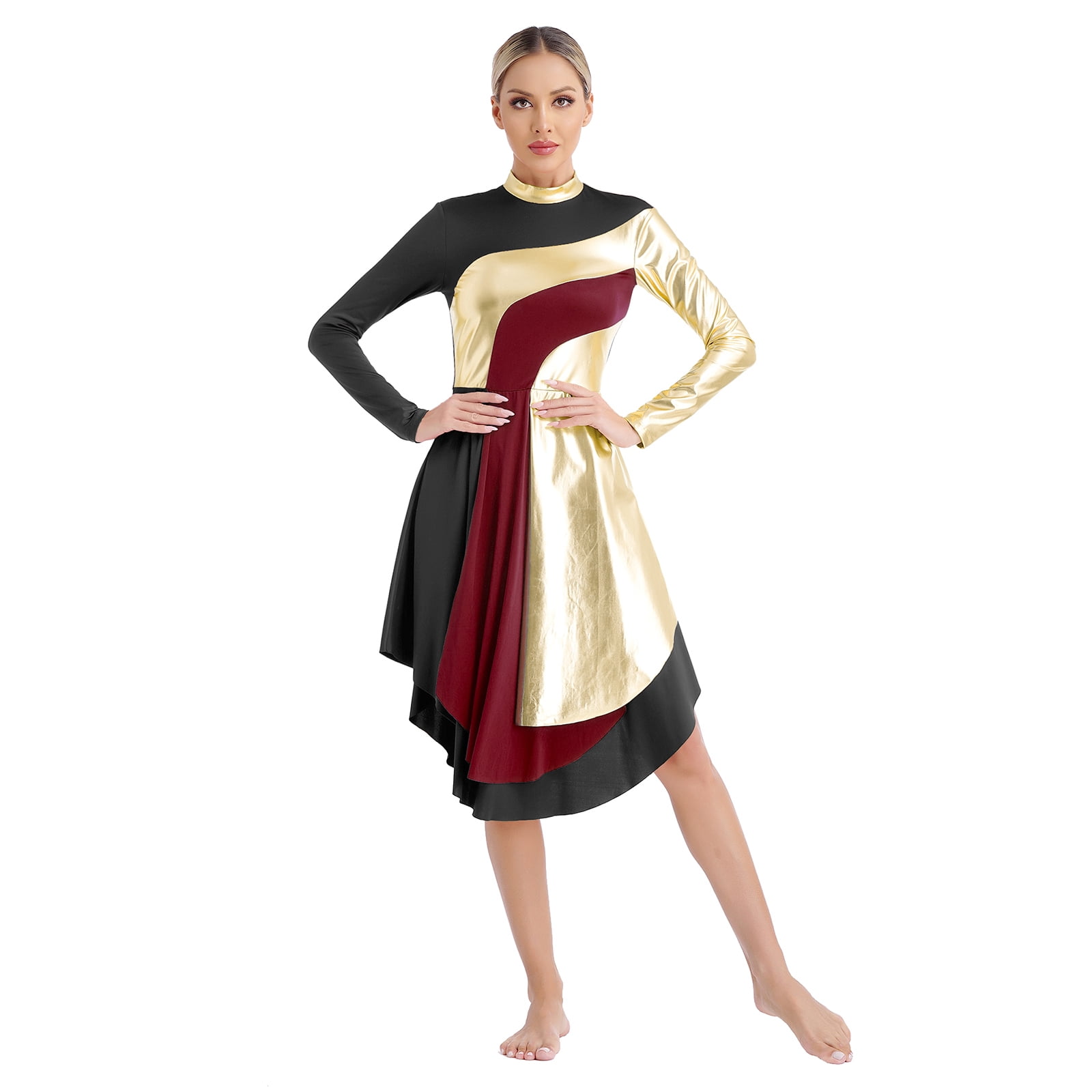 YONGHS Women Metallic Color Block Lyrical Dance Dress Liturgical Dancewear Praise Tunic Overlay ...