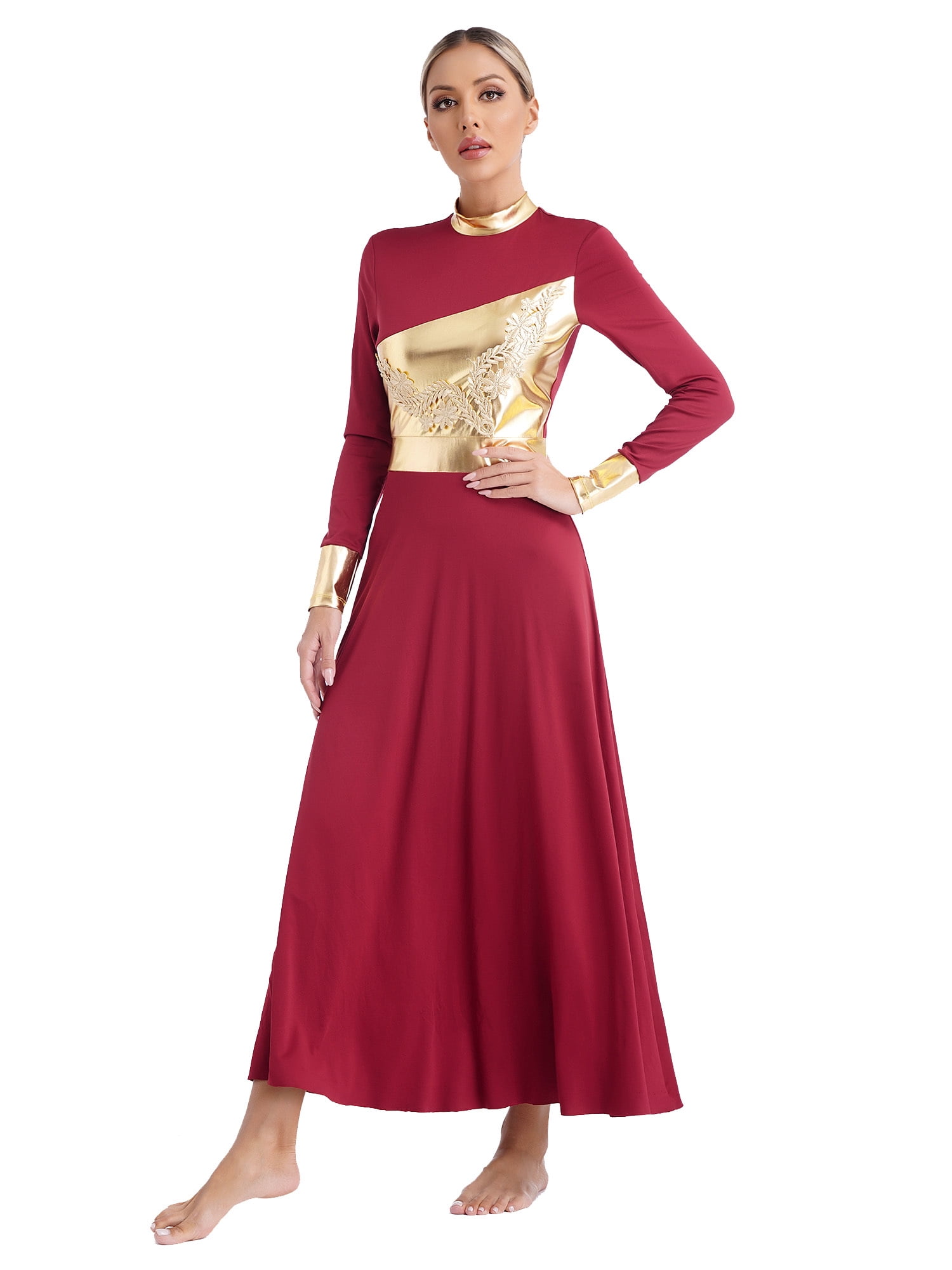 YONGHS Women Metallic Gold Liturgical Praise Lyrical Dance Dress Church ...