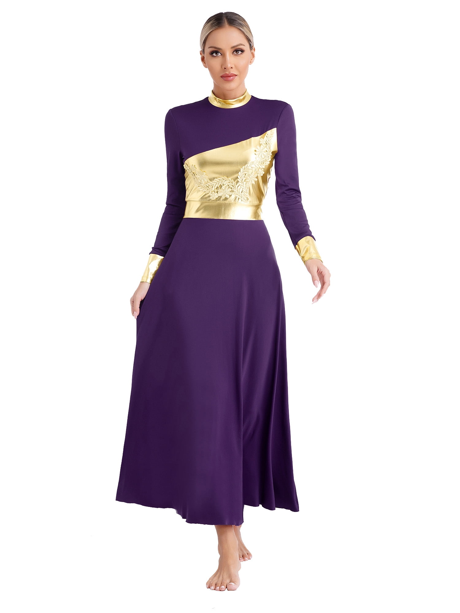 YONGHS Women Metallic Gold Liturgical Praise Lyrical Dance Dress Church ...