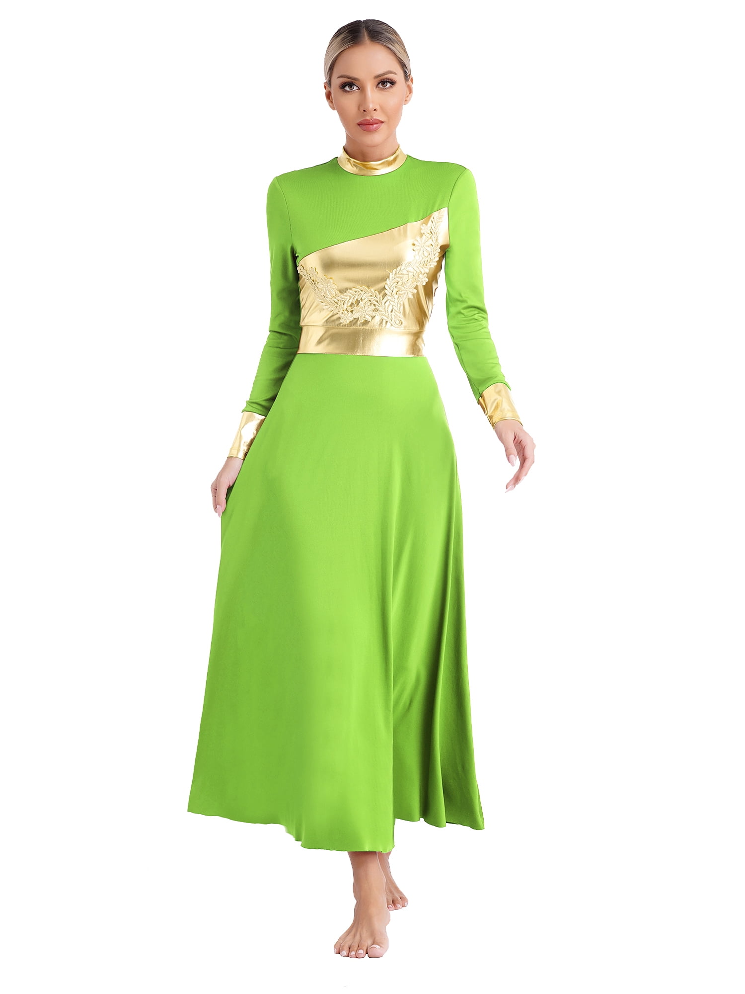 YONGHS Women Metallic Gold Liturgical Praise Lyrical Dance Dress Church ...