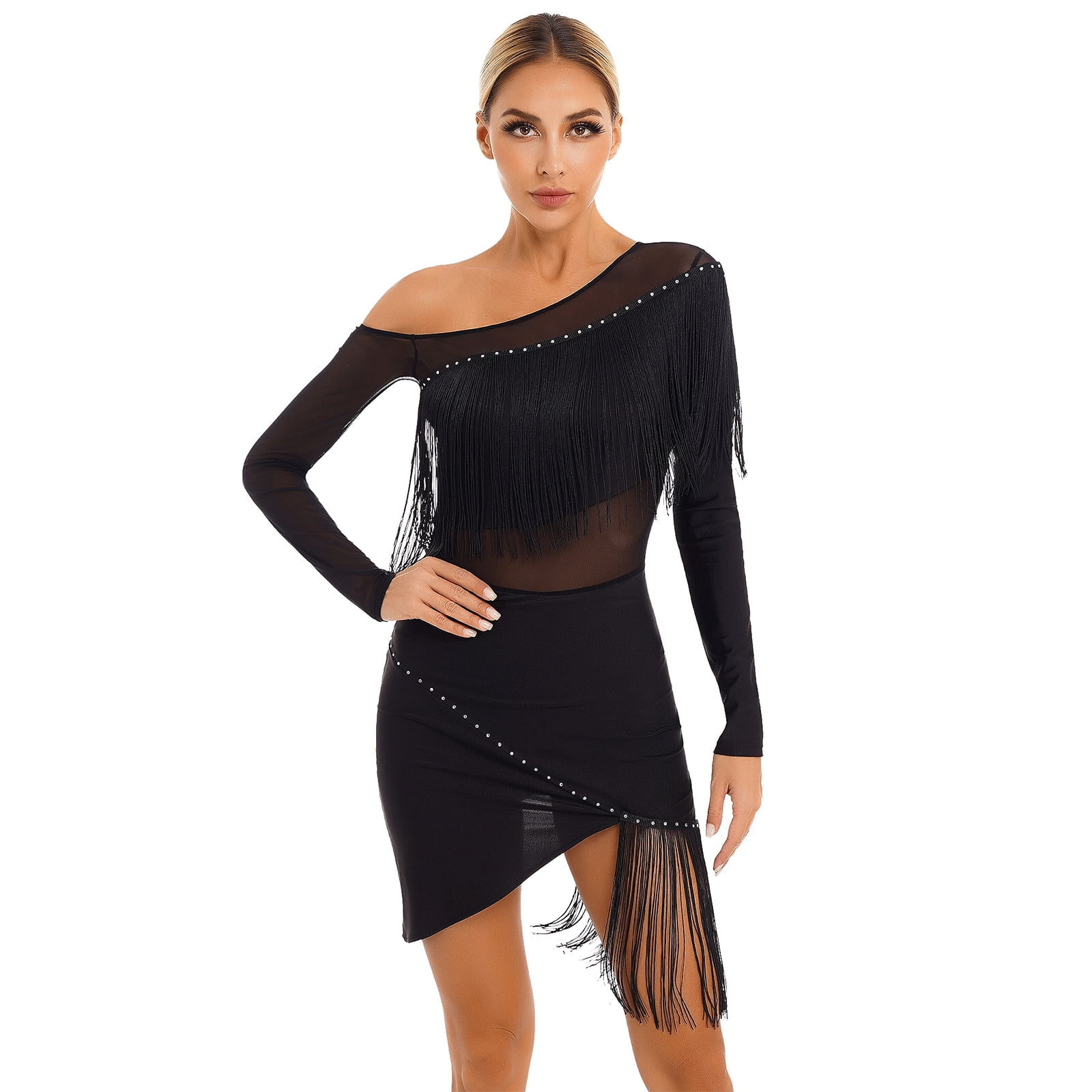 YONGHS Women Off Shoulder Mesh Patchwork Latin Dance Tassel Dress Salsa ...