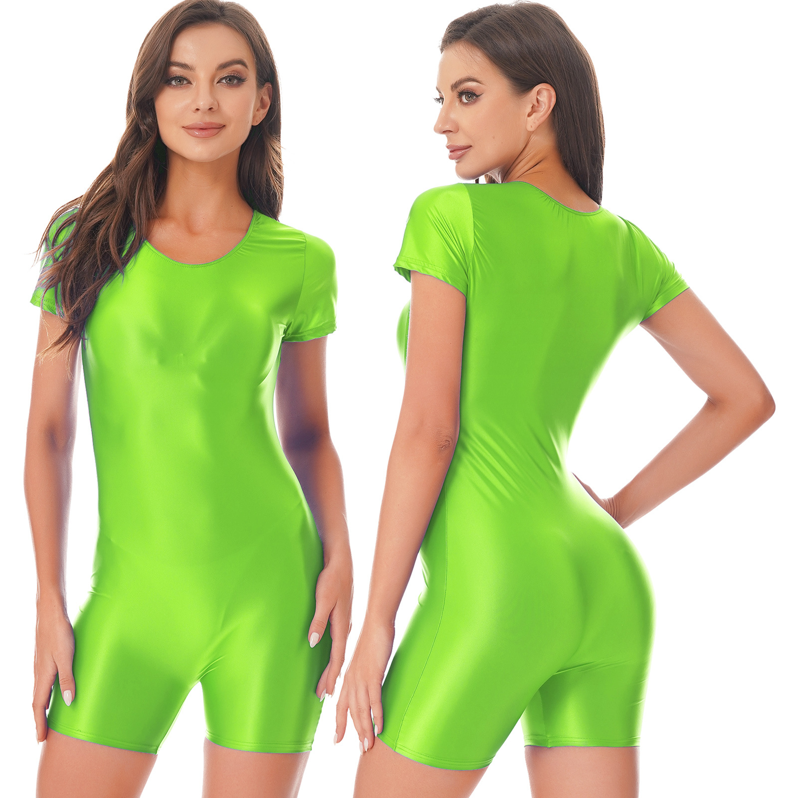YONGHS Women Oil Glossy Yoga Workout Biker Shorty Bodysuit Swimming ...