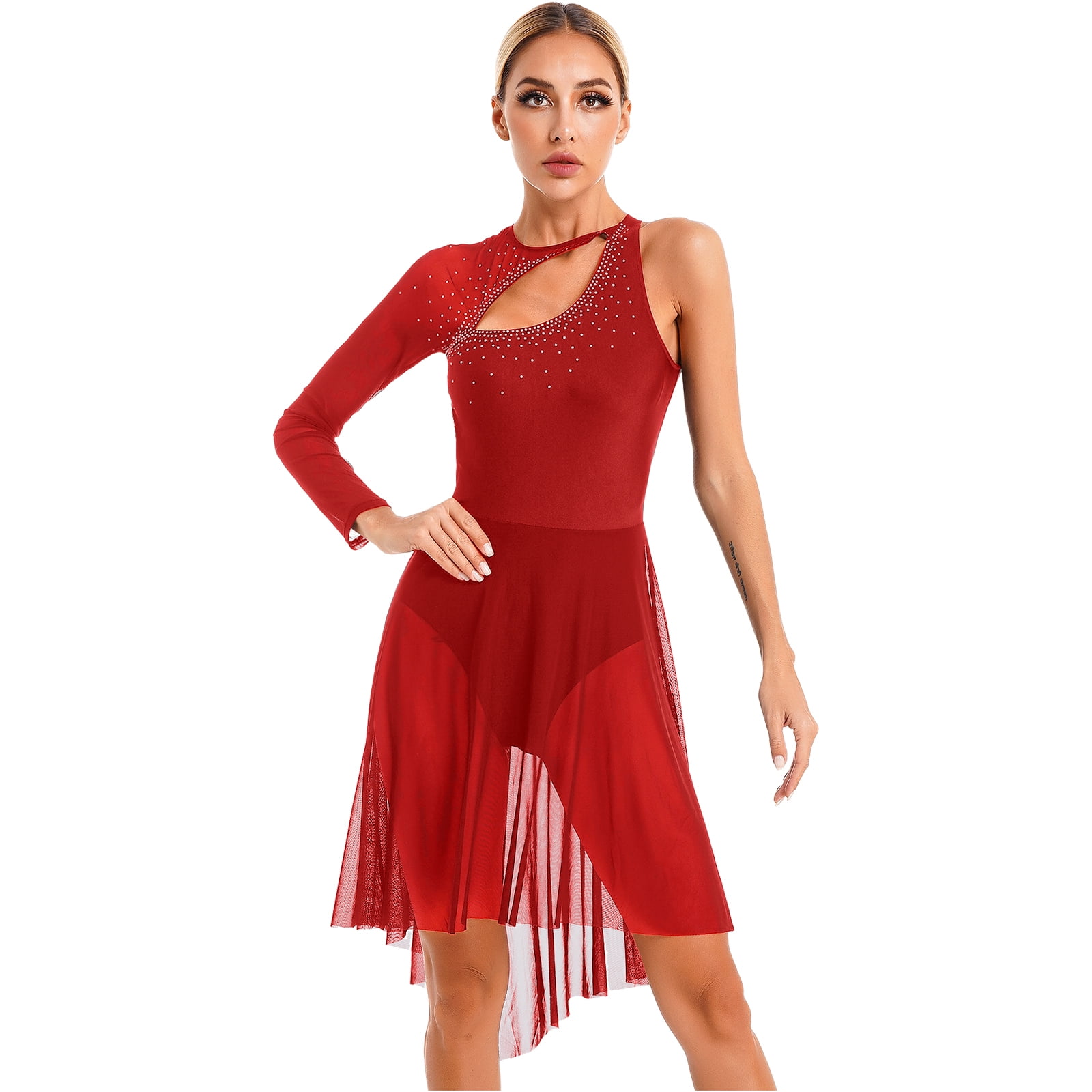 YONGHS Women One Shoulder Sequins Mesh Lyrical Modern Dance Dress ...