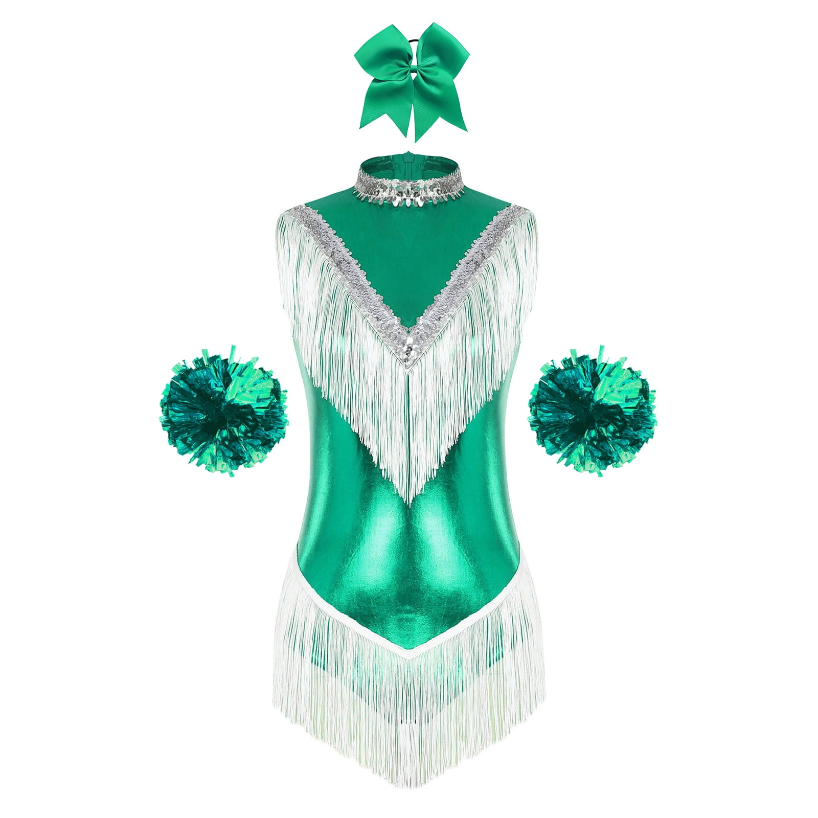 YONGHS Women Shiny Latin Dance Leotard Bodysuit Sleeveless Fringe Jazz ...