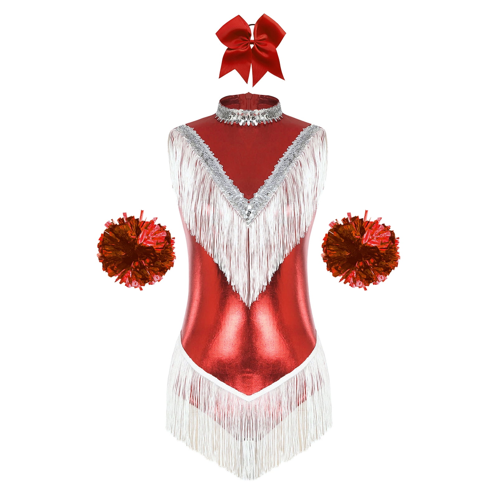 YONGHS Women Shiny Latin Dance Leotard Bodysuit Sleeveless Fringe Jazz ...