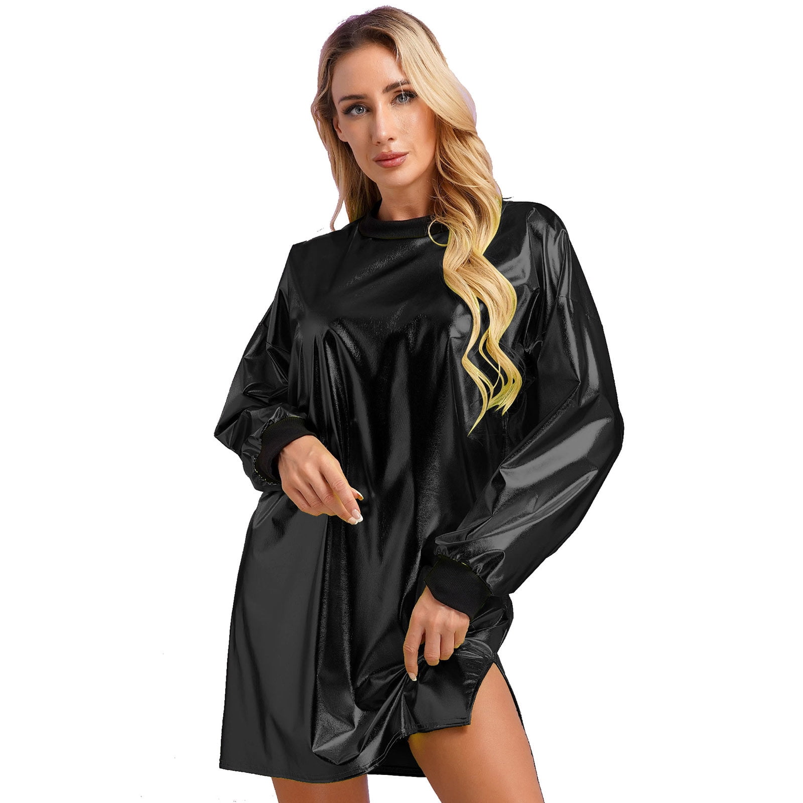 YONGHS Women Shiny Rave Outfits Long Sleeve T-Shirt Dress Loose Mini ...