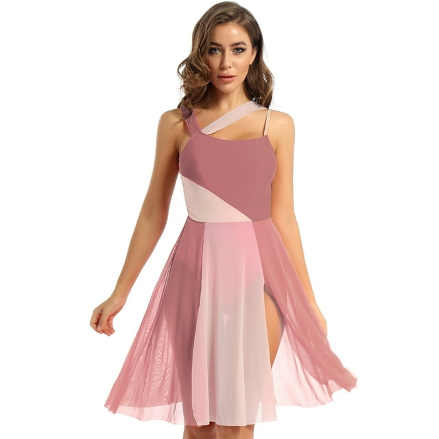 YONGHS Women Sleeveless Mesh Color Block Leotard Dress Lyrical Modern ...