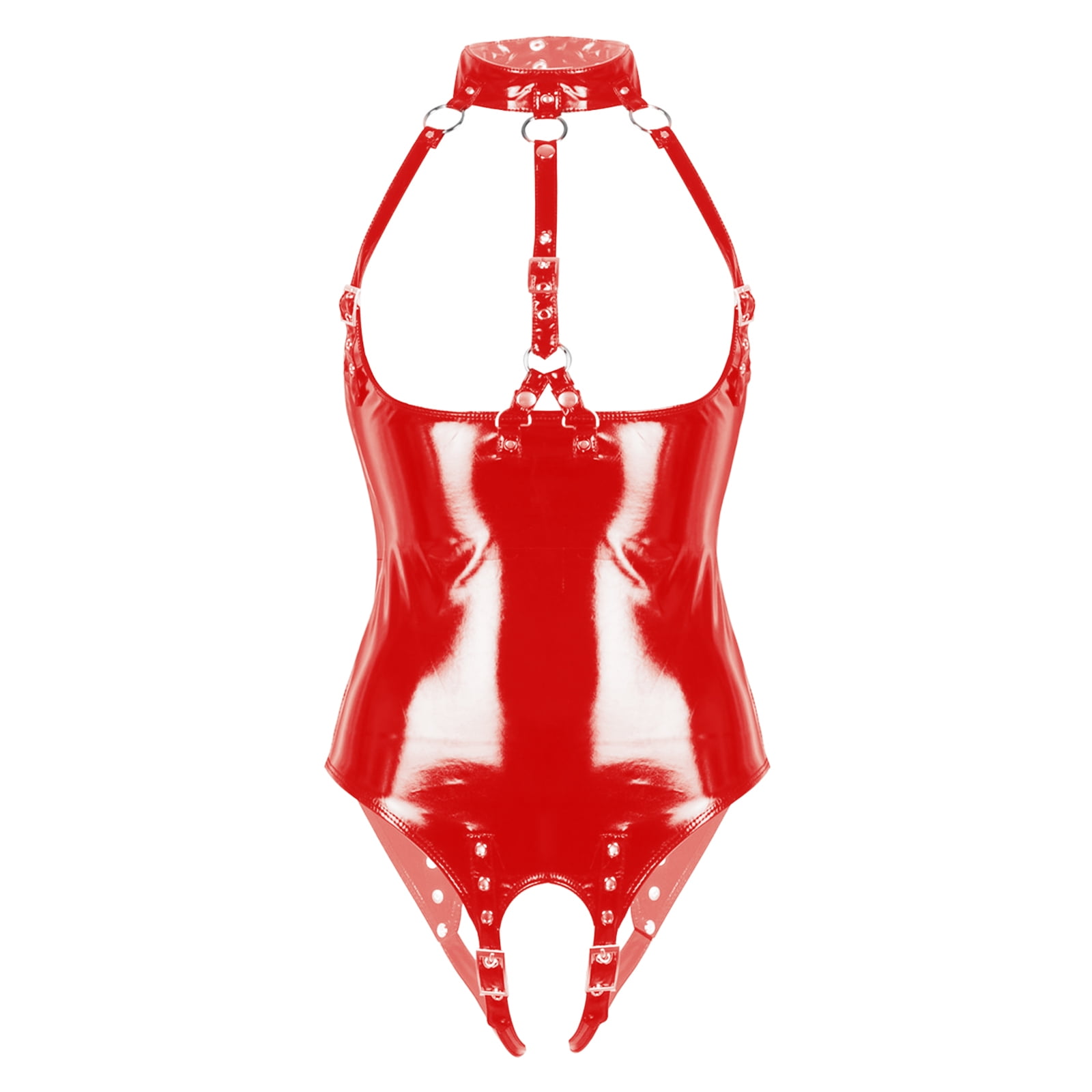 Yonghs Women Wet Look Patent Leather Halter Bodysuit Buckled Crotch