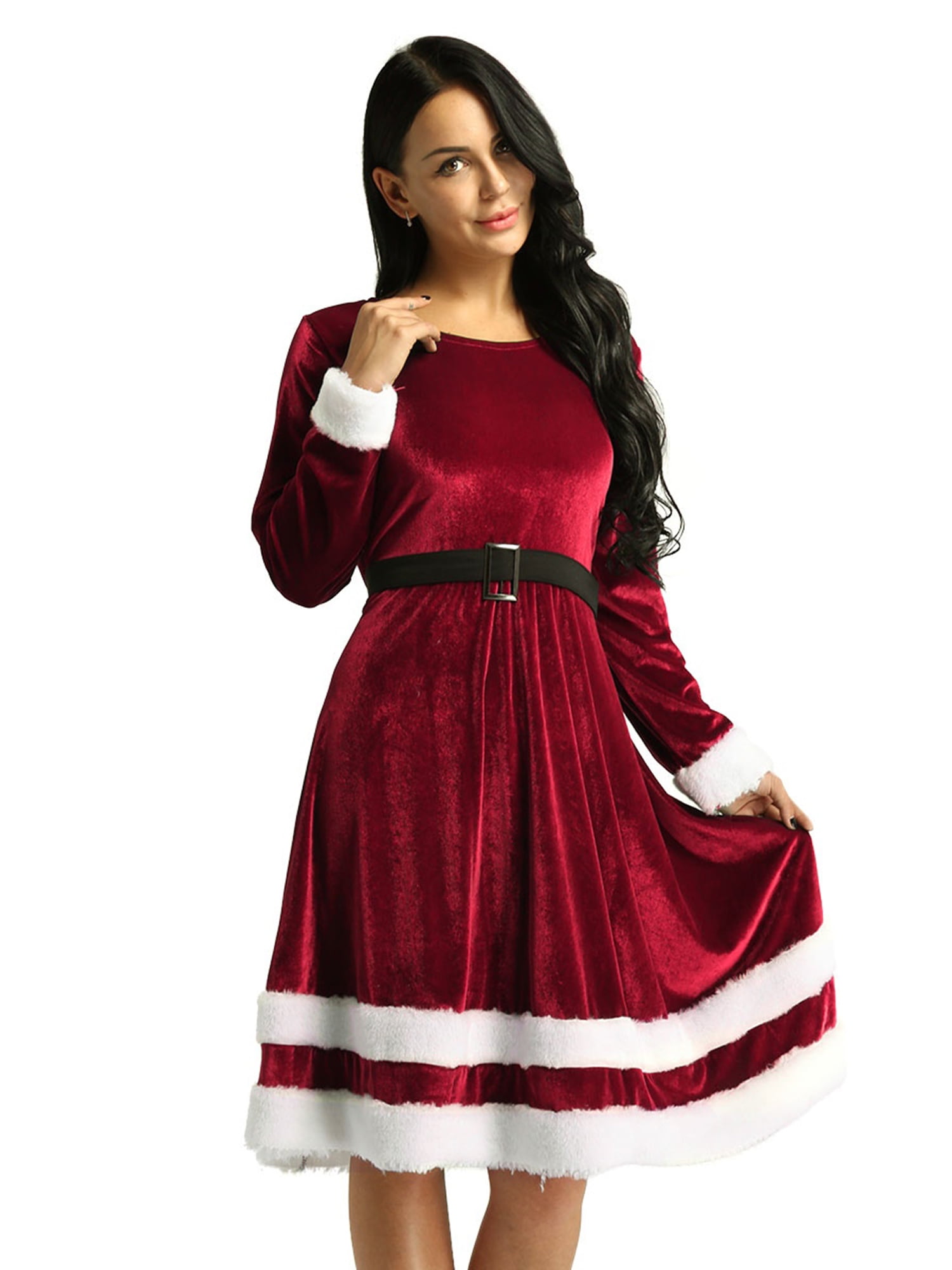 YONGHS Women Xmas Mrs Santa Claus Costume Long Sleeve Velvet Dress M ...