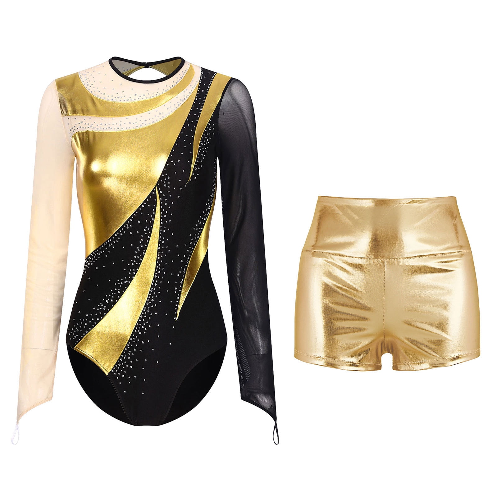 YONGHS Women's 2-Piece Athletic Gymnastic Dance Outfit Long Sleeve ...