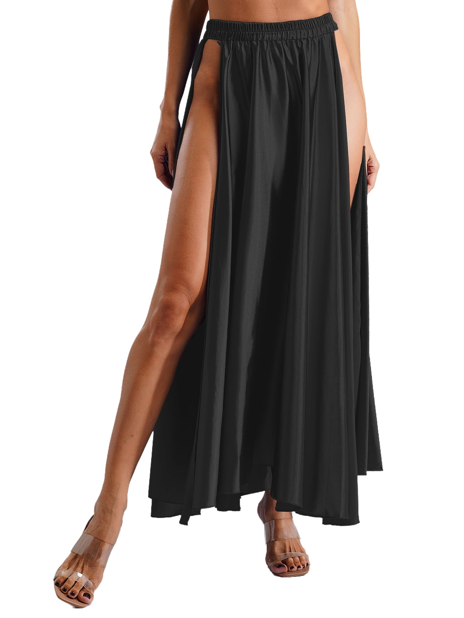 YONGHS Women's Belly Dance Skirt Satin 2 Side Slit Long Flowy Skirts ...