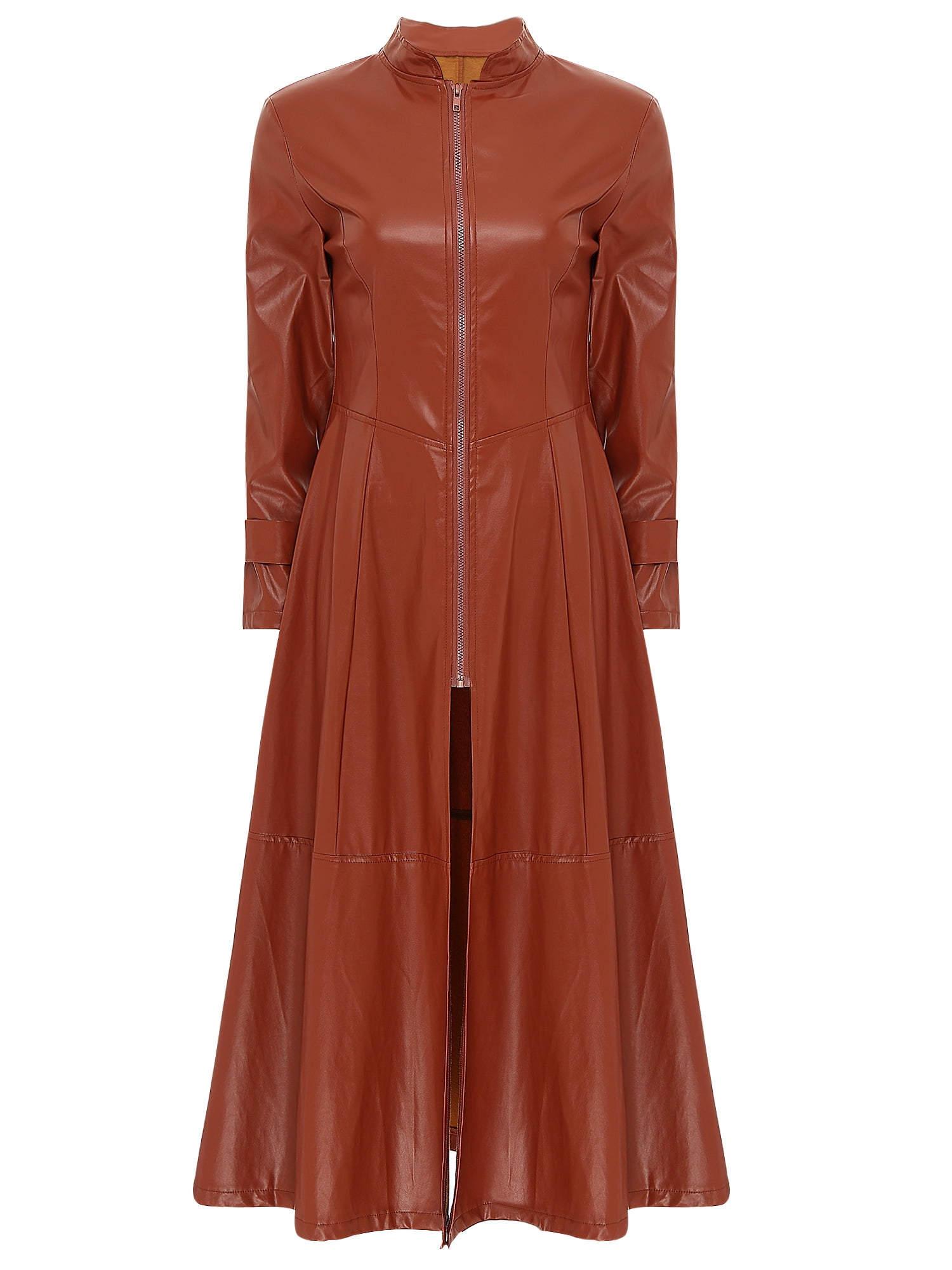 YONGHS Women's Faux PU Leather Full Length Jacket Stand Collar Zipper ...