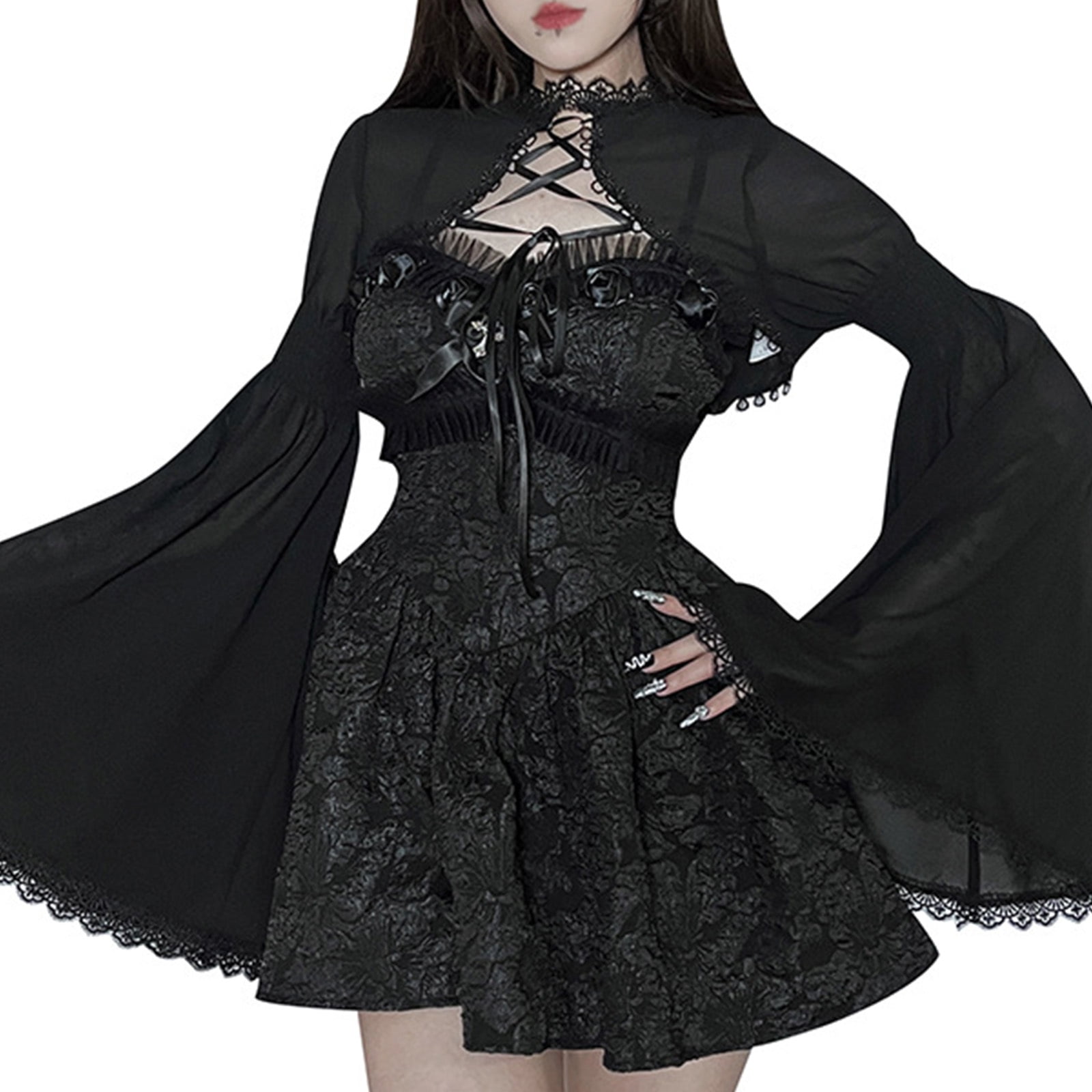 YONGHS Women's Long Sleeve Steampunk Lace Crop Top See-Through Shrug ...