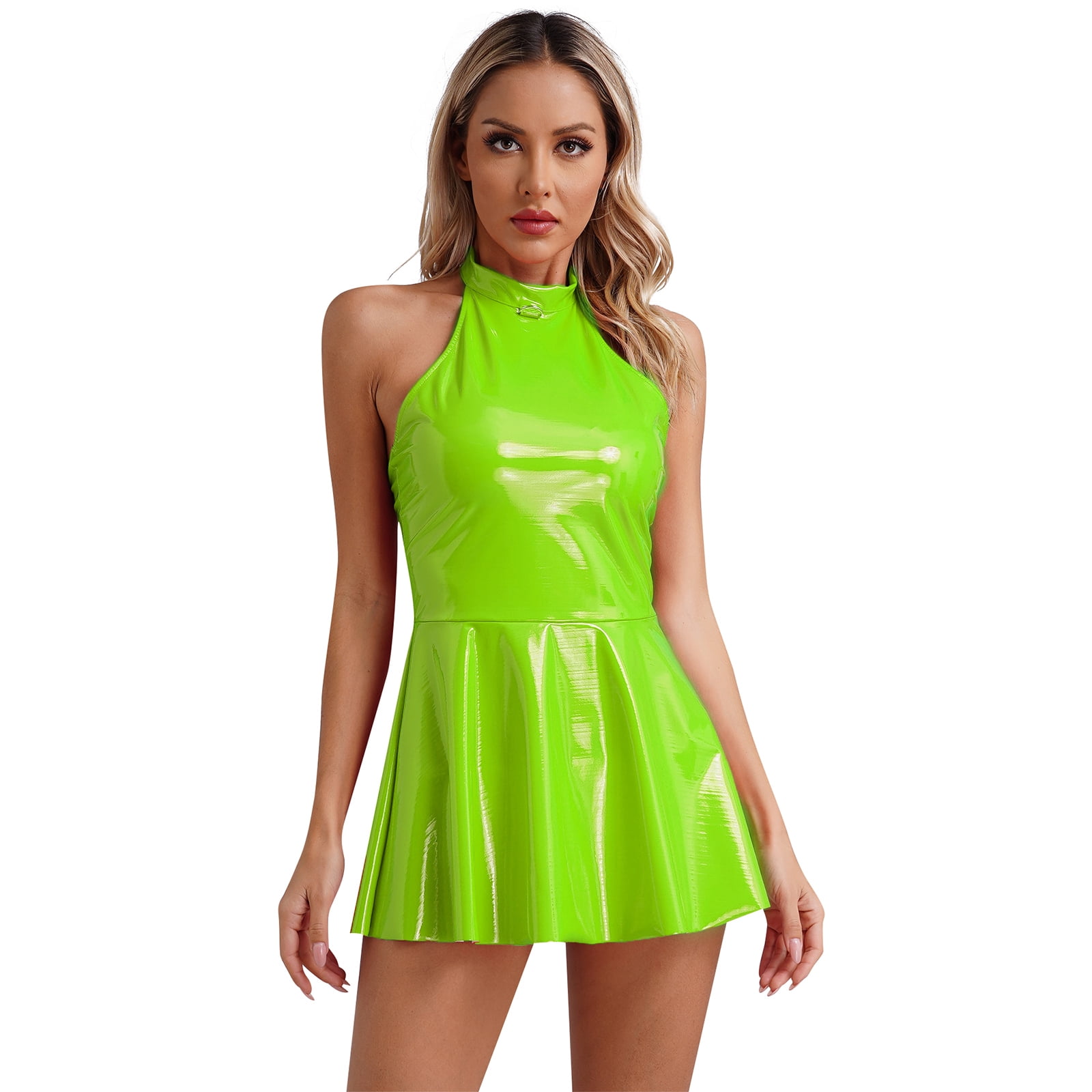 YONGHS Women's Pleated Latex Dress Party Club Wetlook PVC Leather Mini ...