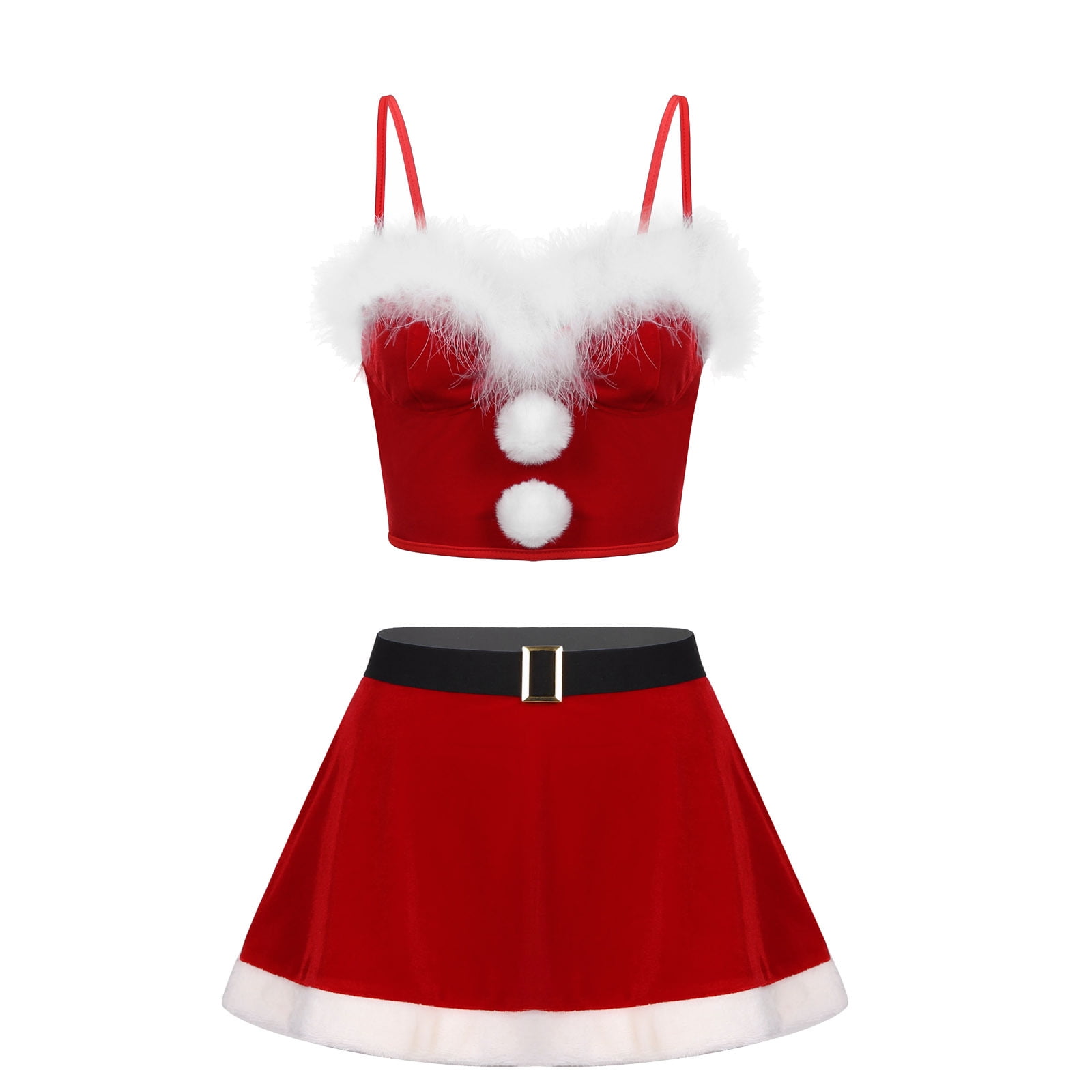 YONGHS Women's Santa Claus Flannel Outfits Feather Trimming Bustier ...