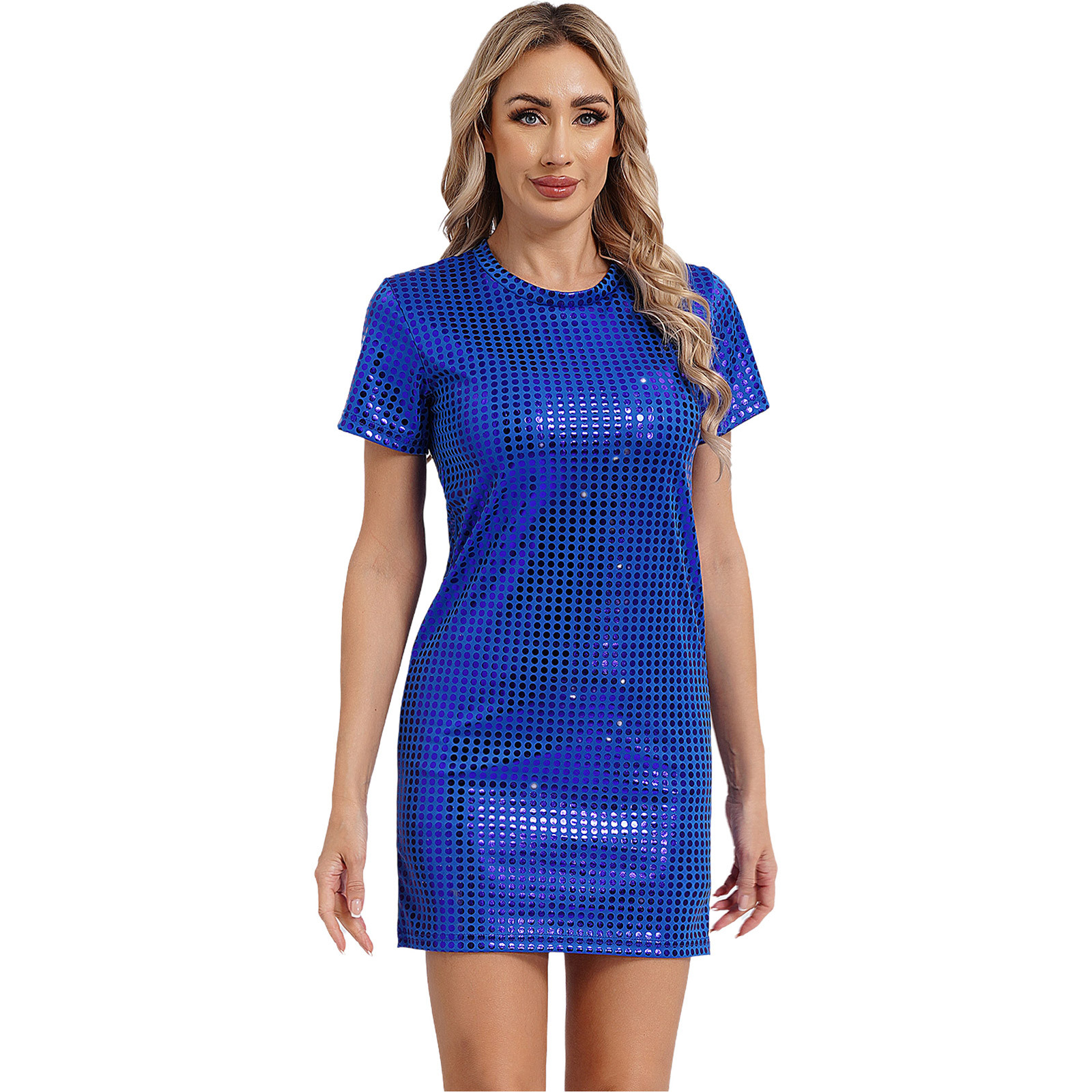 YONGHS Women's Sequined Short Sleeve T Shirt Dress Shiny Metallic Loose ...