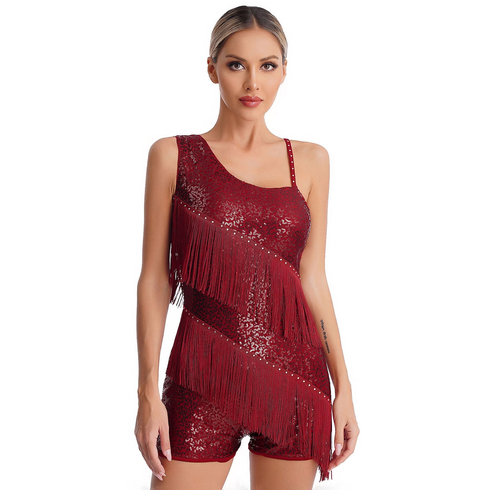 YONGHS Women's Sequins Fringed Leotard Ballroom Cocktail Party Salsa ...