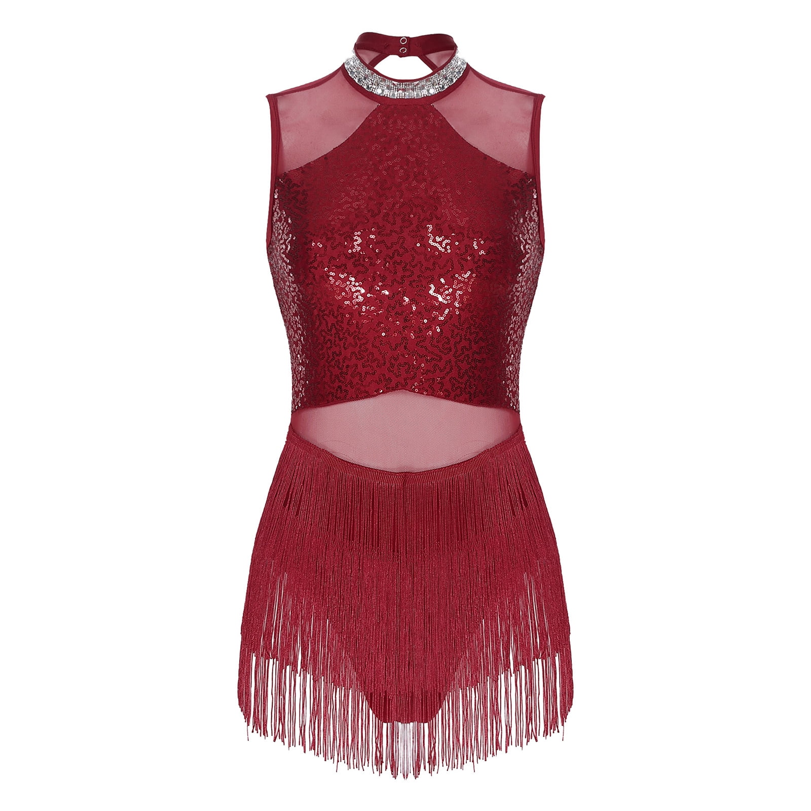 YONGHS Women's Sequins Tassel Latin Dance Dress Samba ChaCha Rumba ...