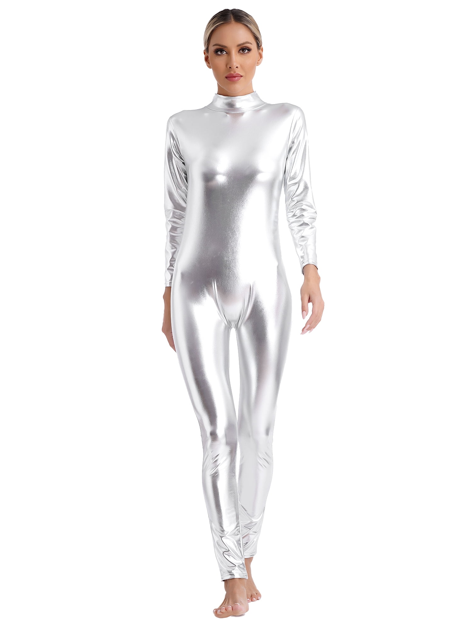 YONGHS Women's Shiny Metallic Full Length Bodysuit Unitard Gymnastics ...