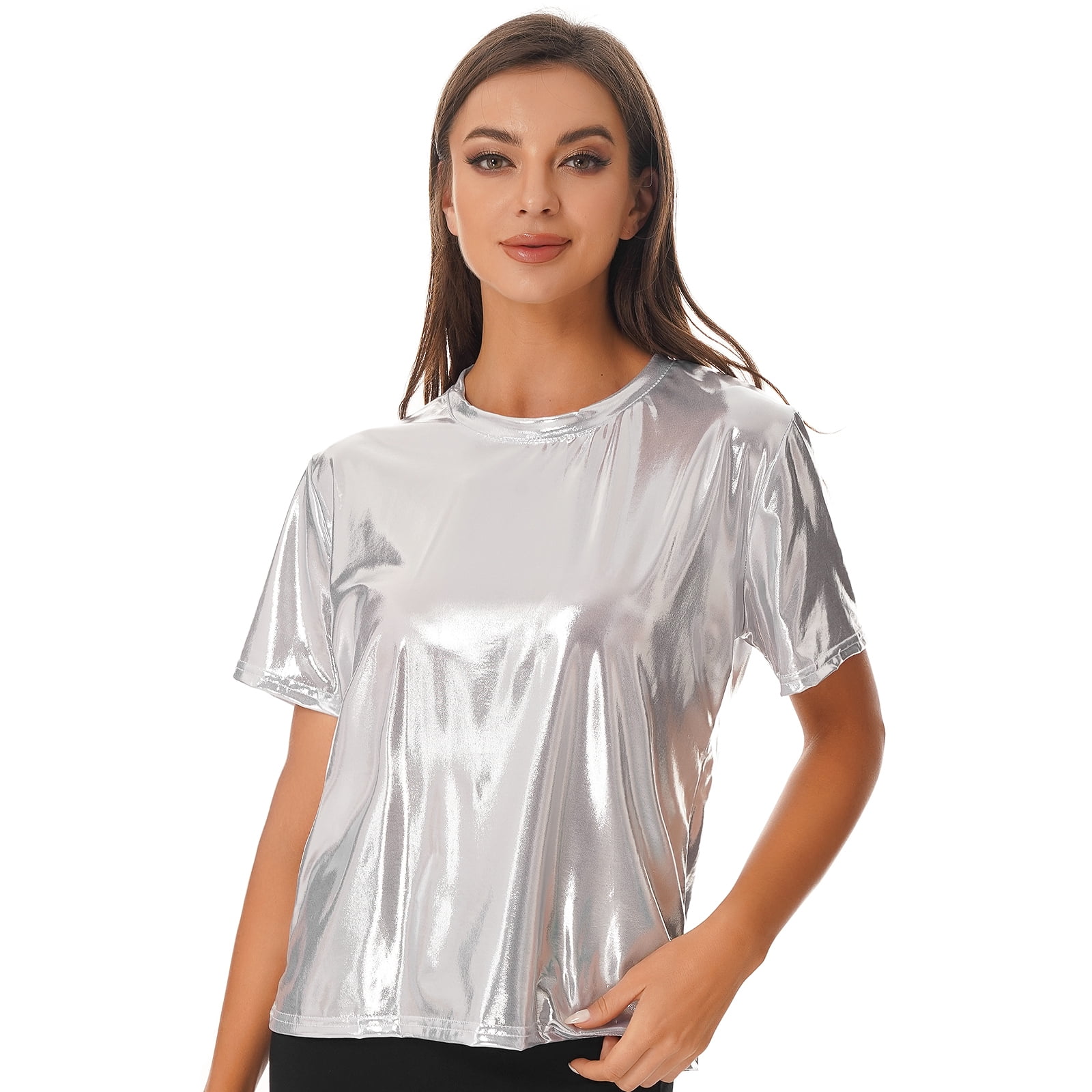 YONGHS Women's Shiny Metallic Tops Holographic Crop Top Short Sleeve T ...