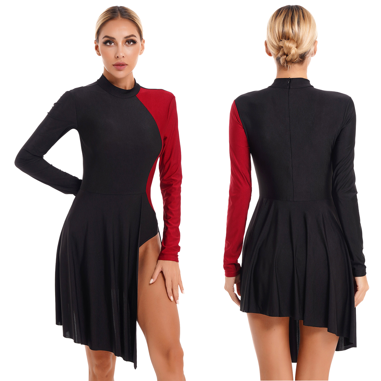 YONGHS Women's Shiny Sequins Ice Figure Dance Leotard Dress Mock Neck ...