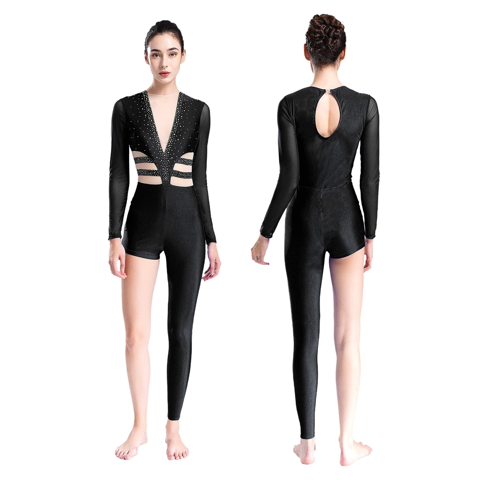 YONGHS Women's Sparkle Rhinestones Long Sleeve High Low Rompers ...