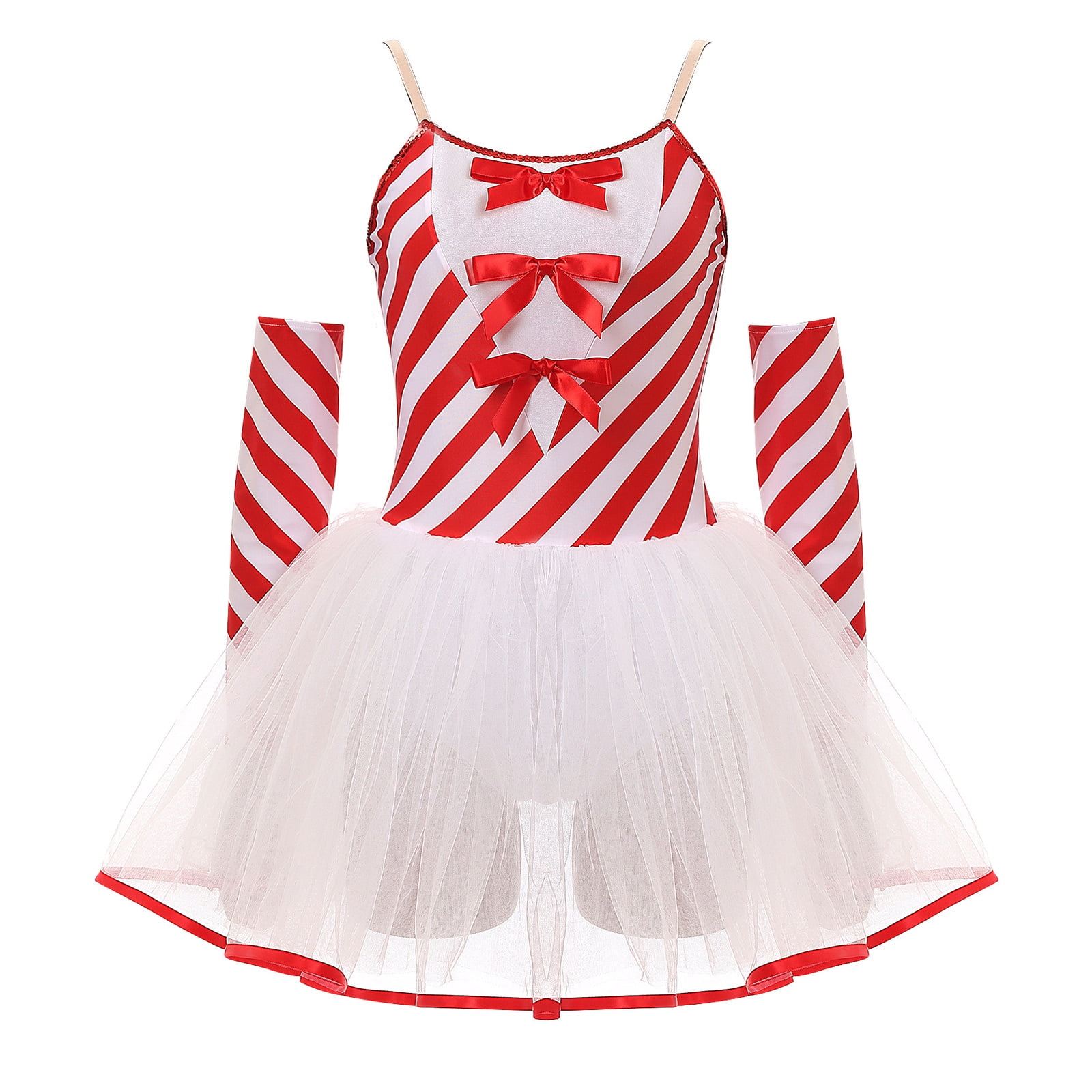 YONGHS Womens Candy Cane Leotard Tutu Dress with Gloves Christmas ...