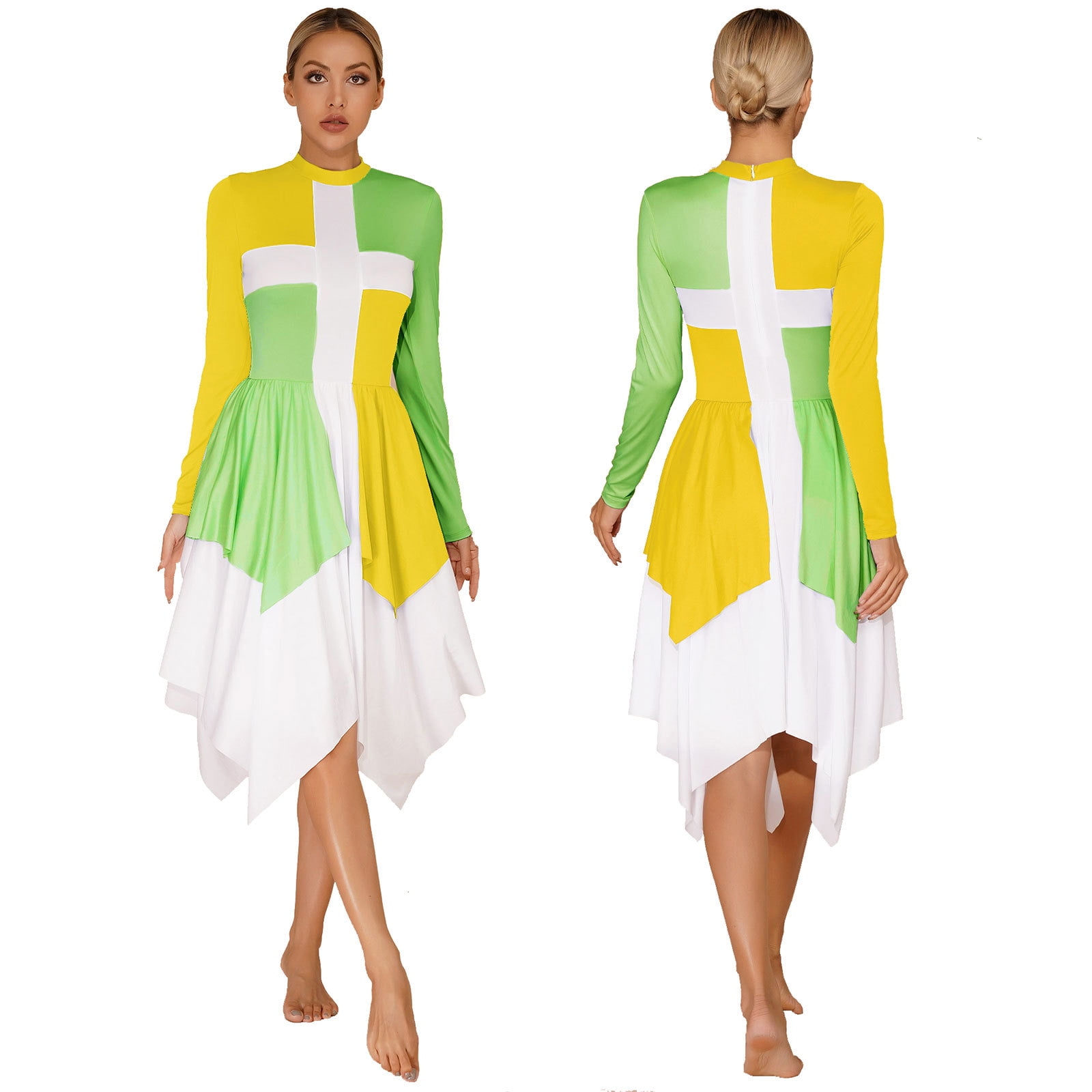 YONGHS Womens Color Patchwork Long Sleeve Praise Worship Dance Dress ...