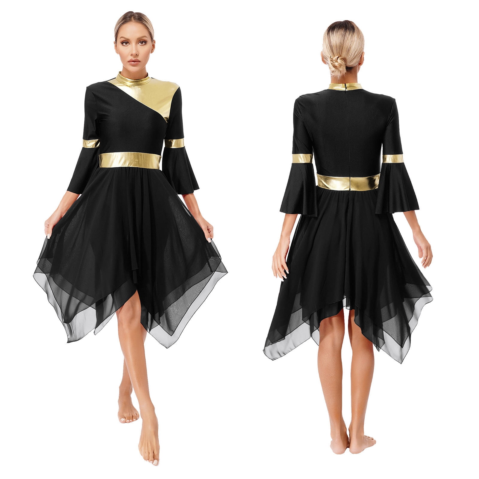 YONGHS Womens Flare Sleeve Asymmetrical Midi Dance Dress Lyrical ...