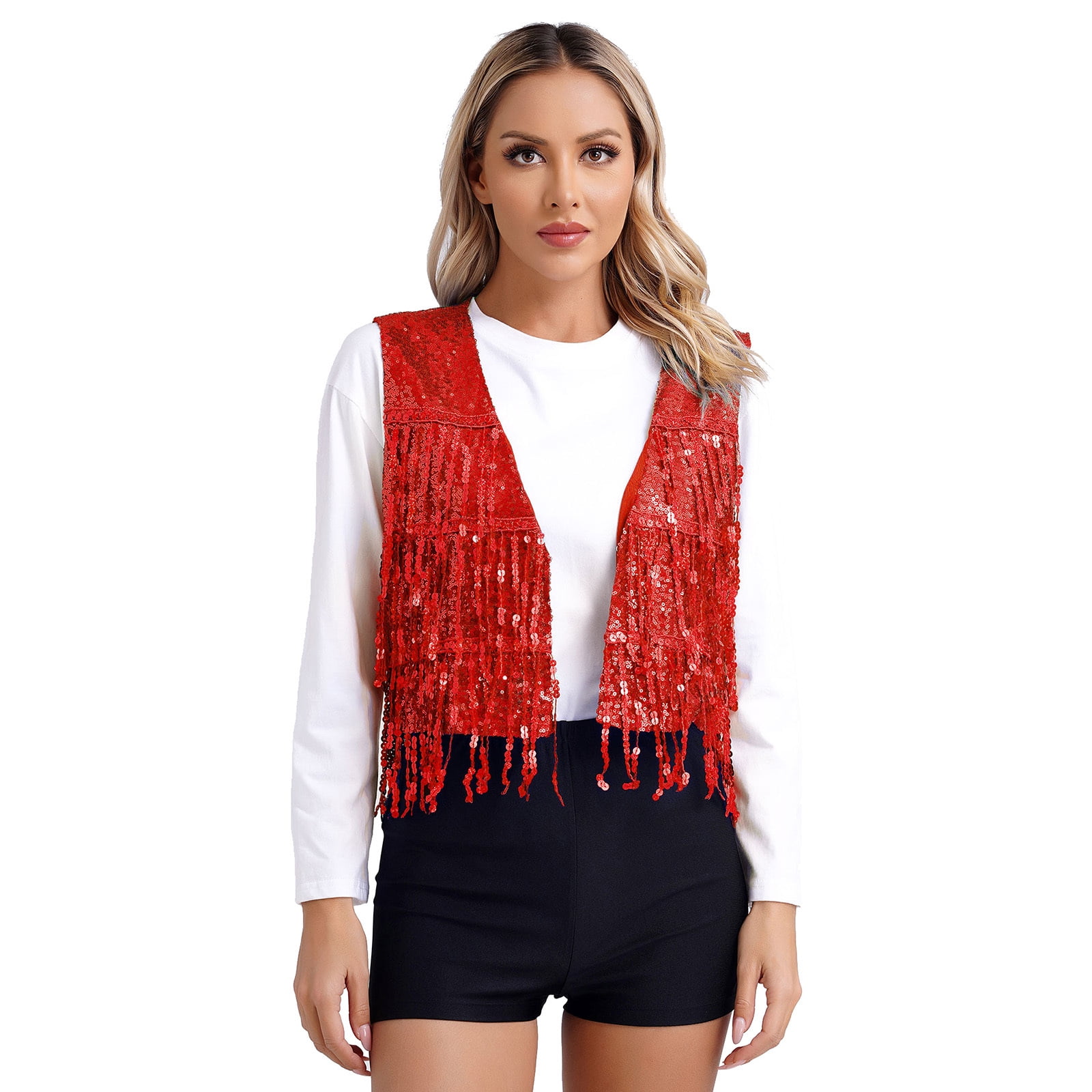 YONGHS Womens Sequin Fringe Vest Sparkle Open Front Waistcoat Party ...
