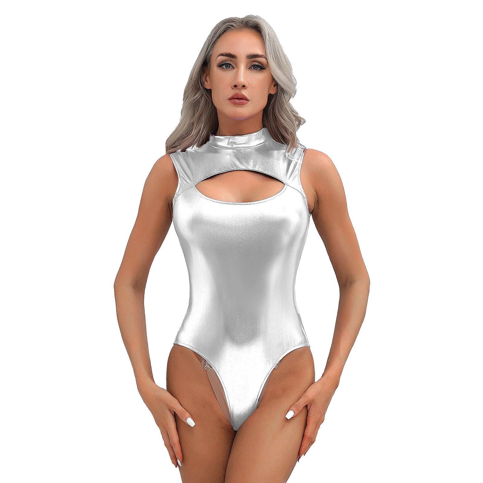 Yonghs Womens Shiny Metallic Bodysuits Leotard Mock Neck Wetlook